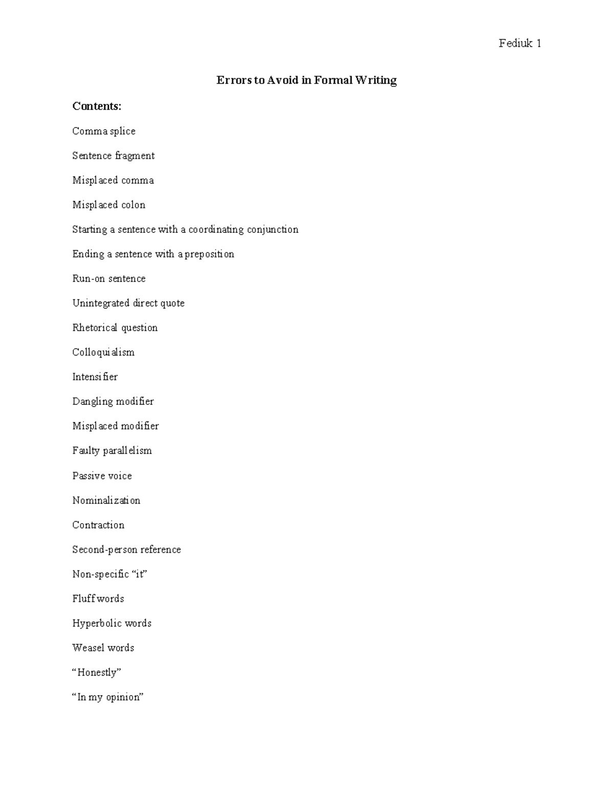 Cam Fediuk - Errors to Avoid in Formal Writing - Errors to Avoid in Formal Writing Contents ...