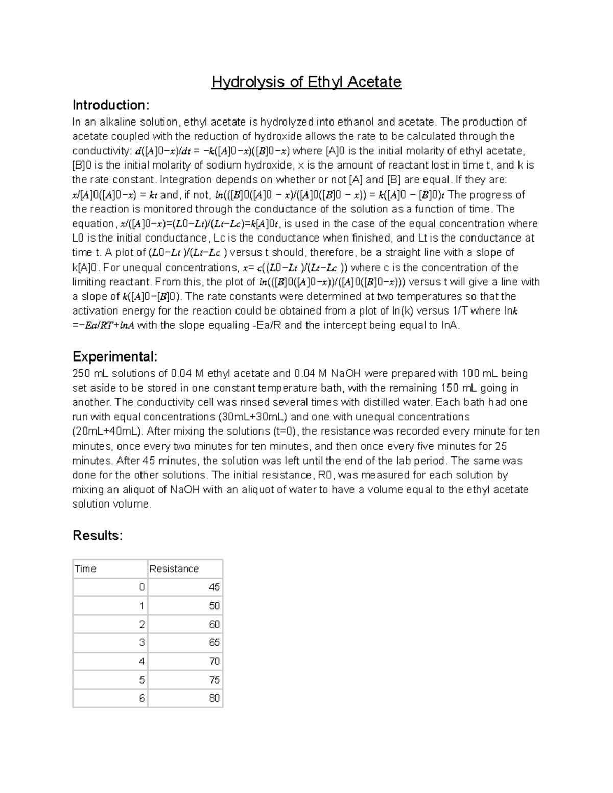 Thermo Lab 9 - Lab Report - Hydrolysis of Ethyl Acetate Introduction ...