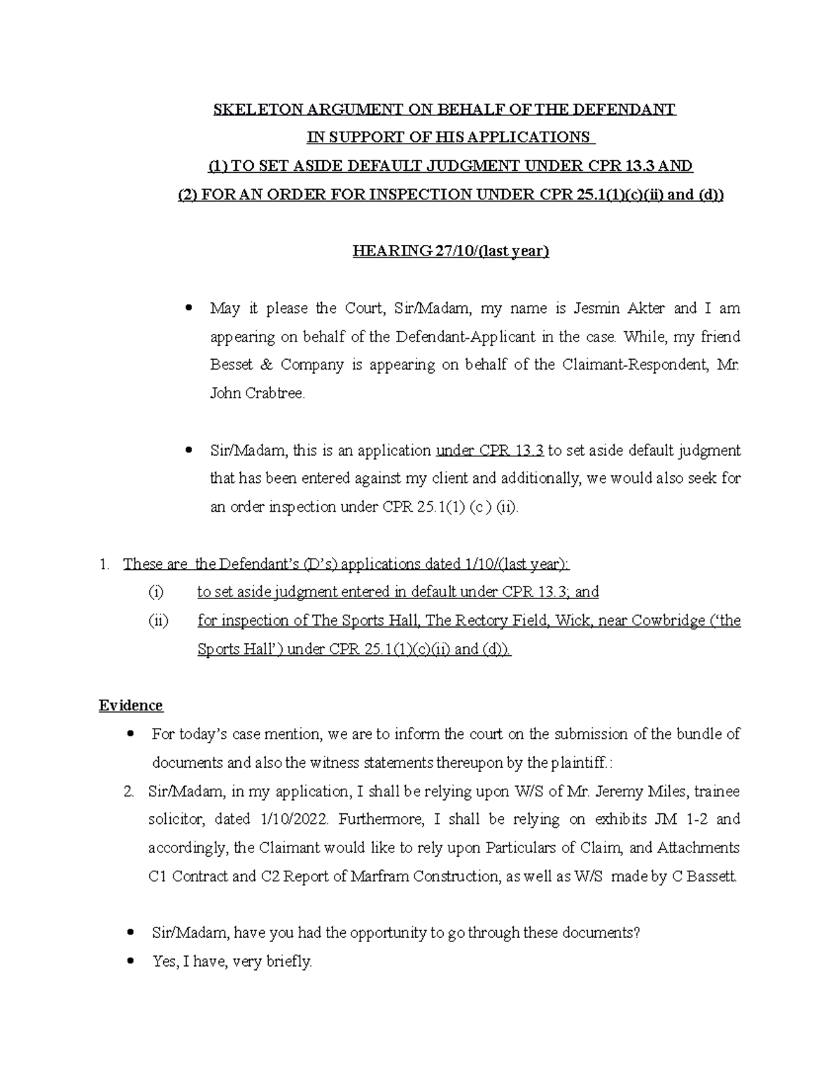 My civil advocay argument - SKELETON ARGUMENT ON BEHALF OF THE ...