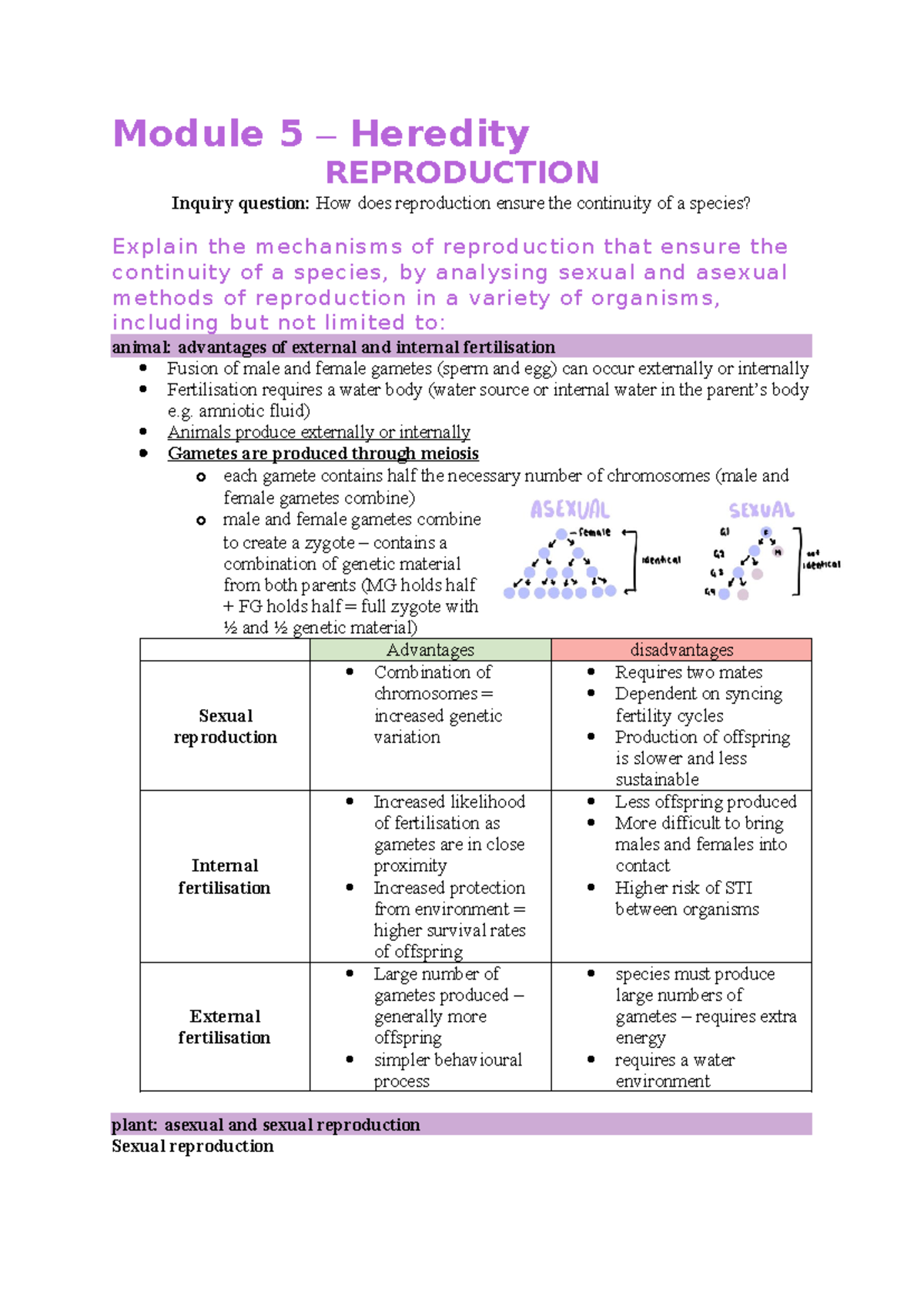MOD 5+6 - Module 5 – Heredity REPRODUCTION Inquiry question: How does ...