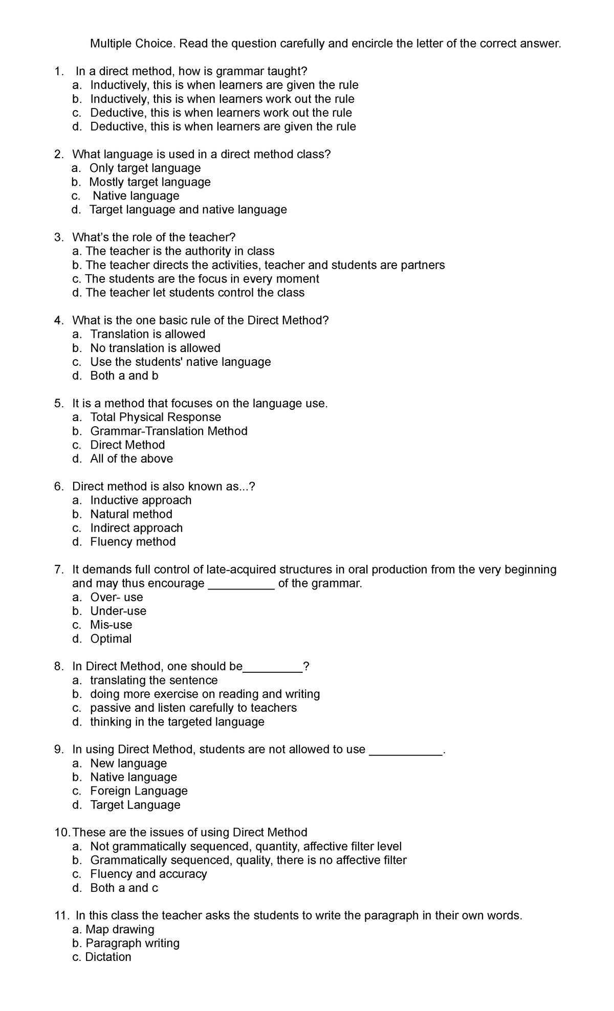 Group 4 Direct M QUIZ - EXAM - Multiple Choice. Read the question carefully and encircle the ...
