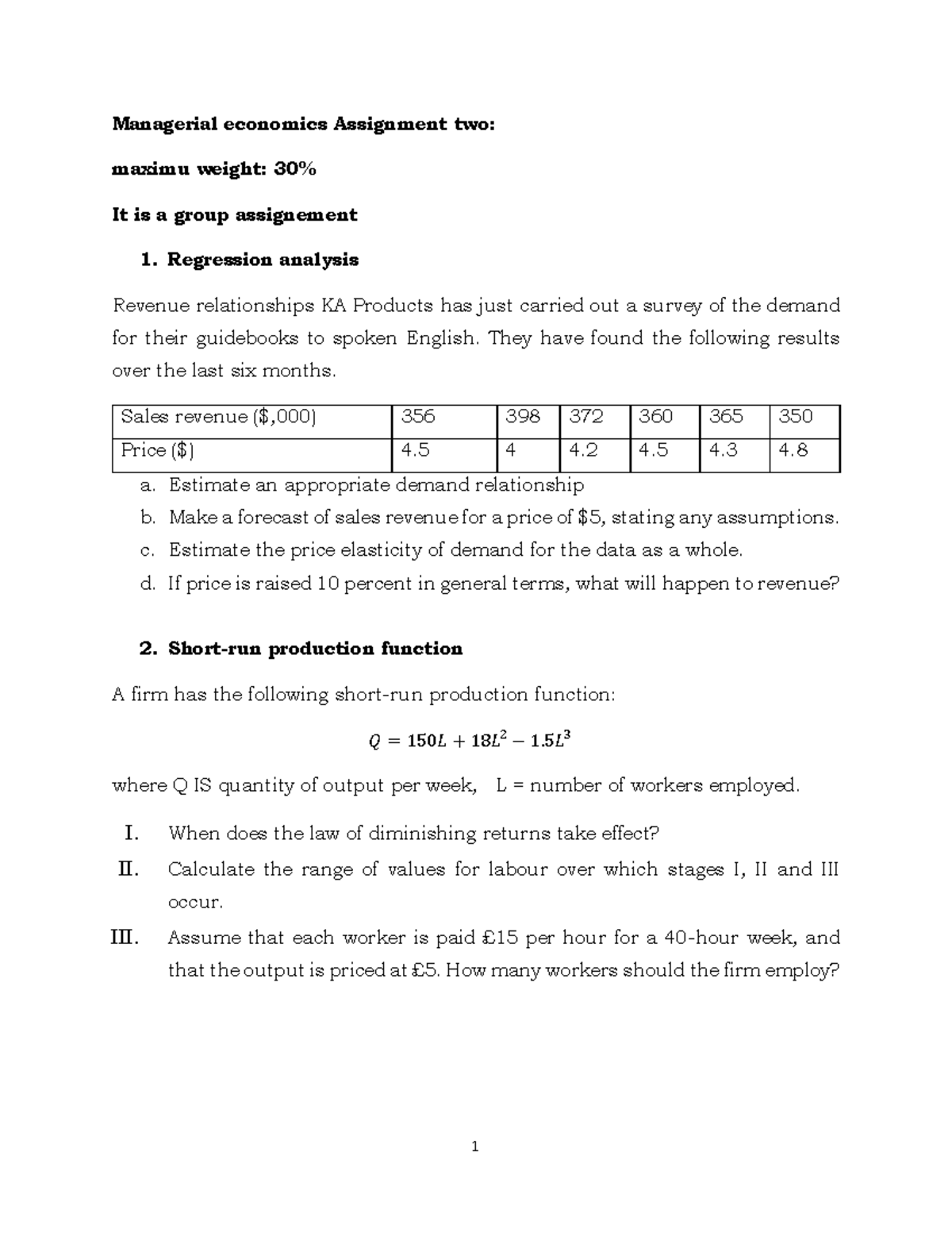 Managerial economics Assignment two - 1 Managerial economics Assignment ...
