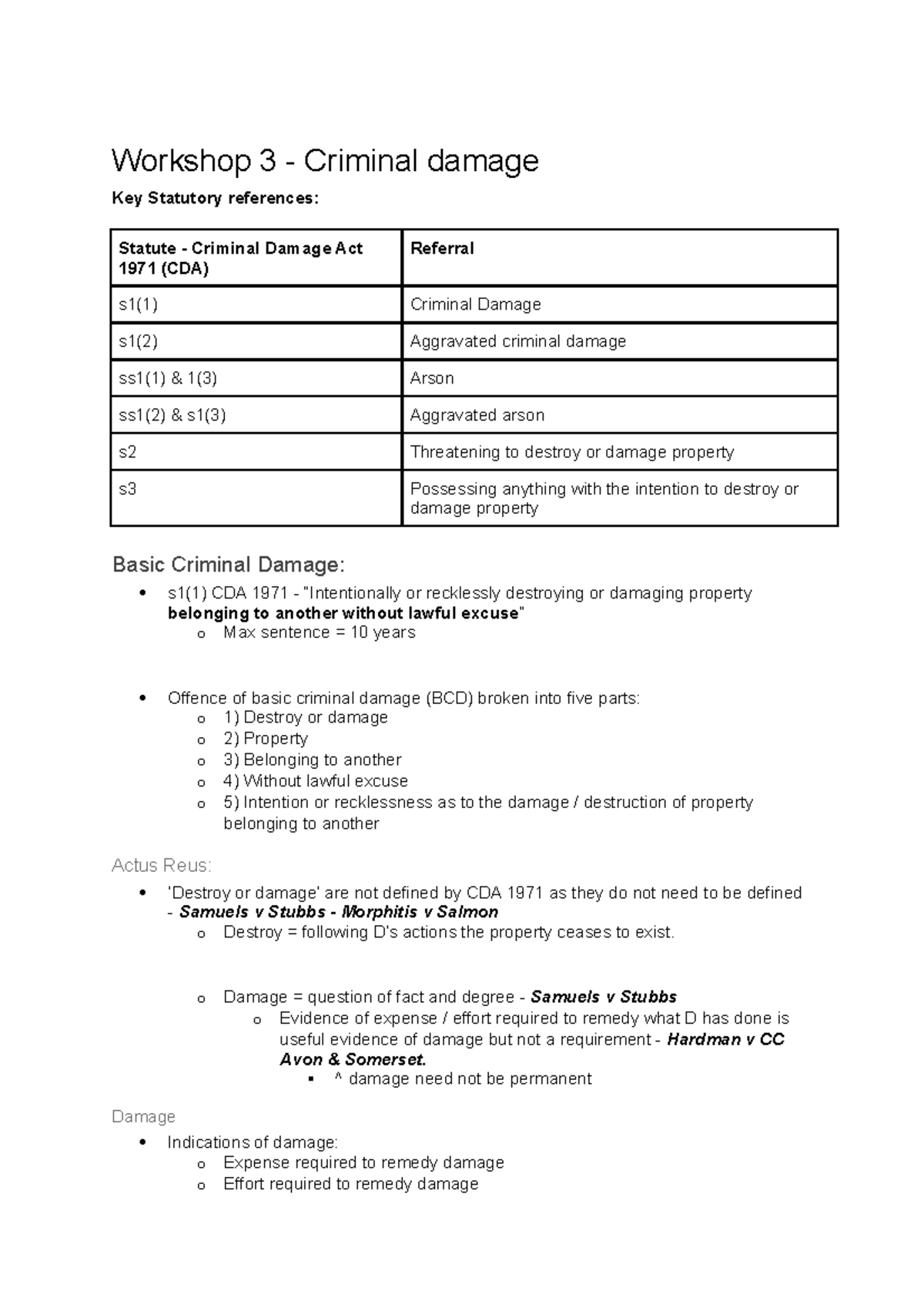 Criminal WS3 Prepare Notes - Workshop 3 - Criminal damage Key Statutory ...