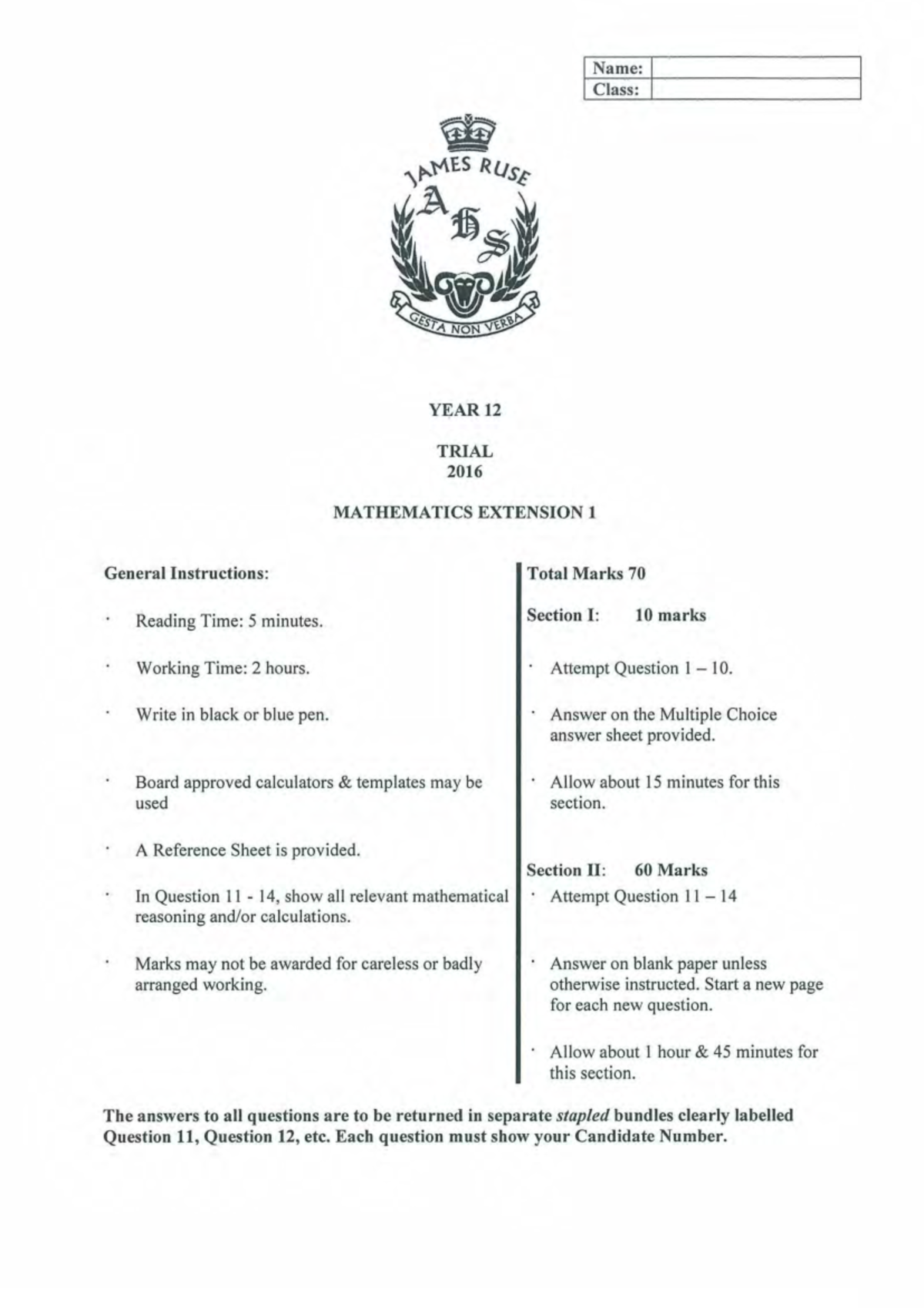 material for practice - I Name: I Class: YEAR 12 TRIAL 2016 MATHEMATICS ...