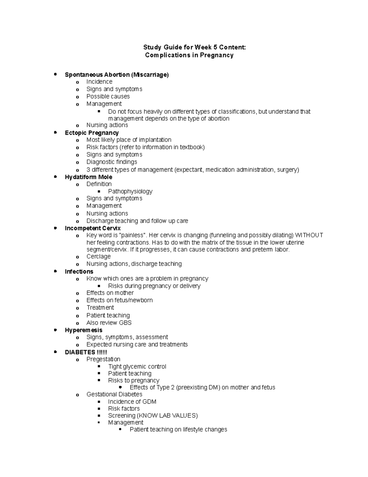 Study Guide Week 5 - Study Guide for Week 5 Content: Complications in ...