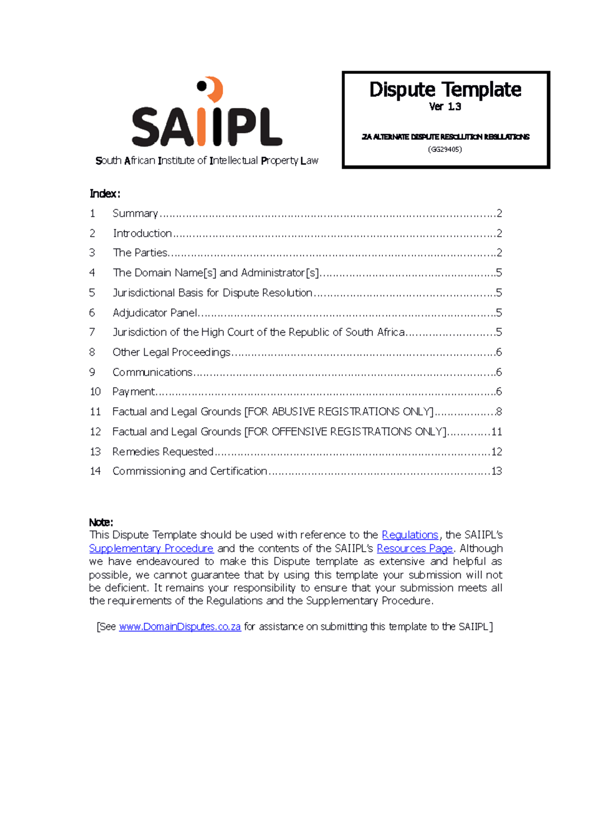 Dispute Template ver3-16 - South African Institute of Intellectual ...