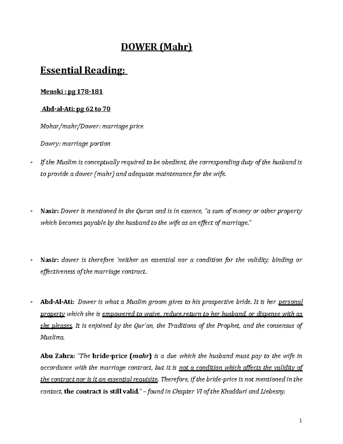 Dower in Muslim Matrimonial Law: Essential Reading - Studocu