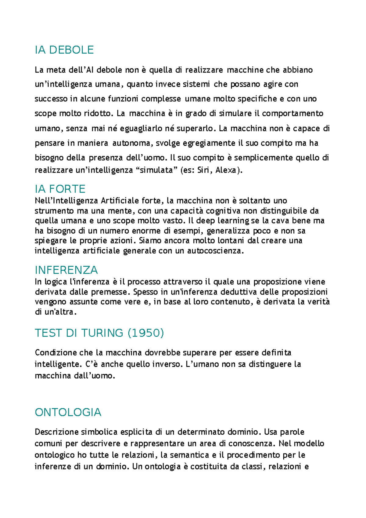 Glossario - Riassunto Intelligenza Artificiale - IA DEBOLE La meta dell ...