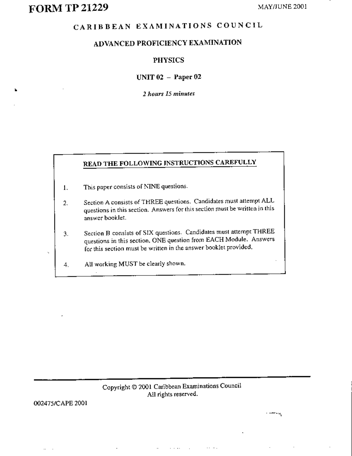 CAPE Physics 2001 U2 P2 - Past paper - FORM TP 21229 MAY/JUNE 2OOI ...