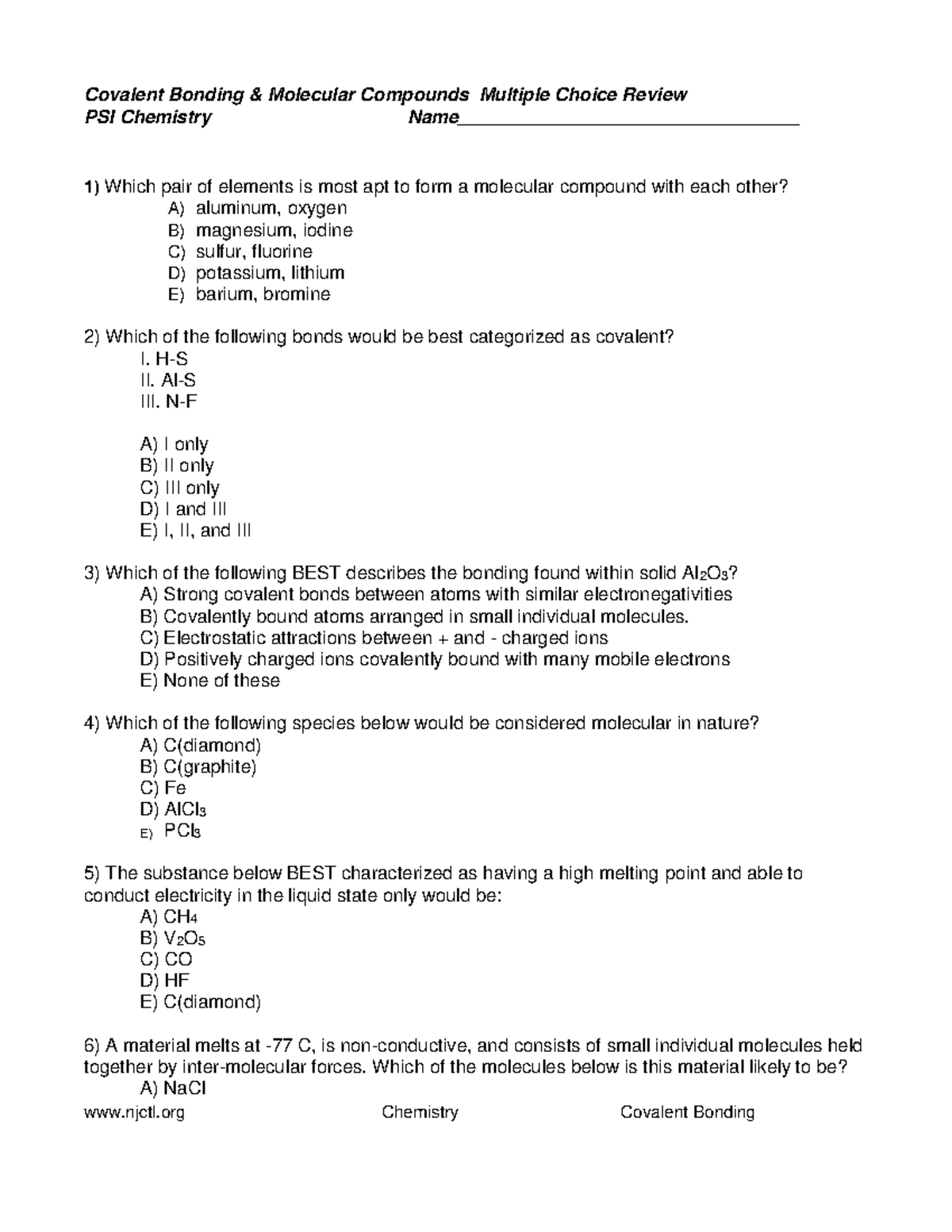 Covalent bonding molecular compounds multiple choice 2013 03 01 ...