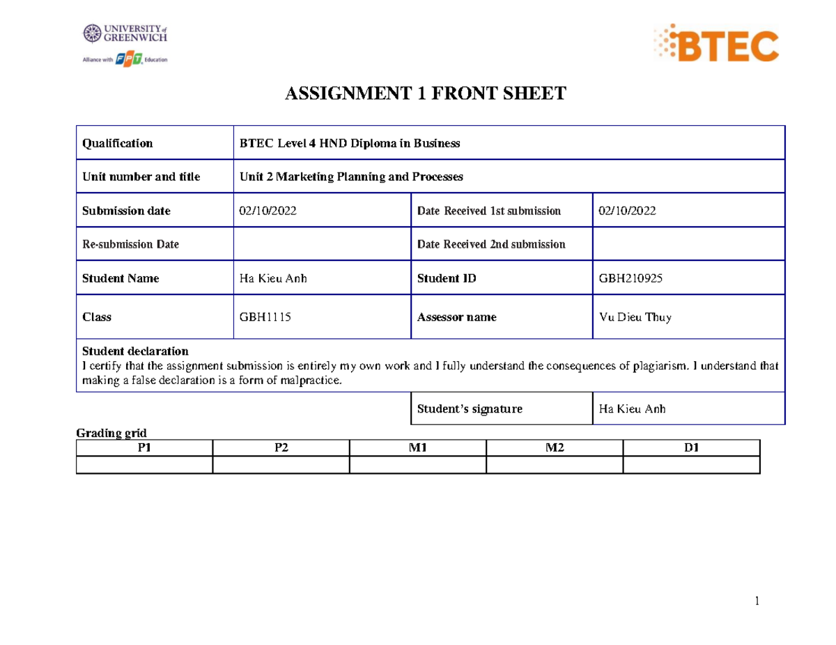 Assignment 1 - fgfhfghh - ASSIGNMENT 1 FRONT SHEET Qualification BTEC Level 4 HND Diploma in ...