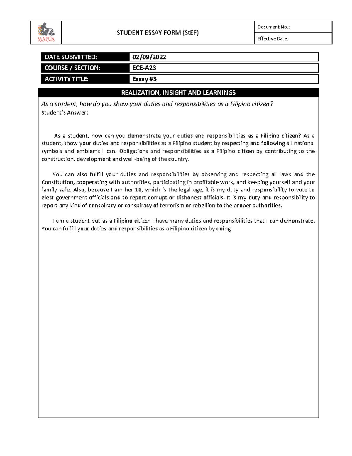 Form - NSTP1 00 Essay #3 - aaa - STUDENT ESSAY FORM (StEF) Document No ...