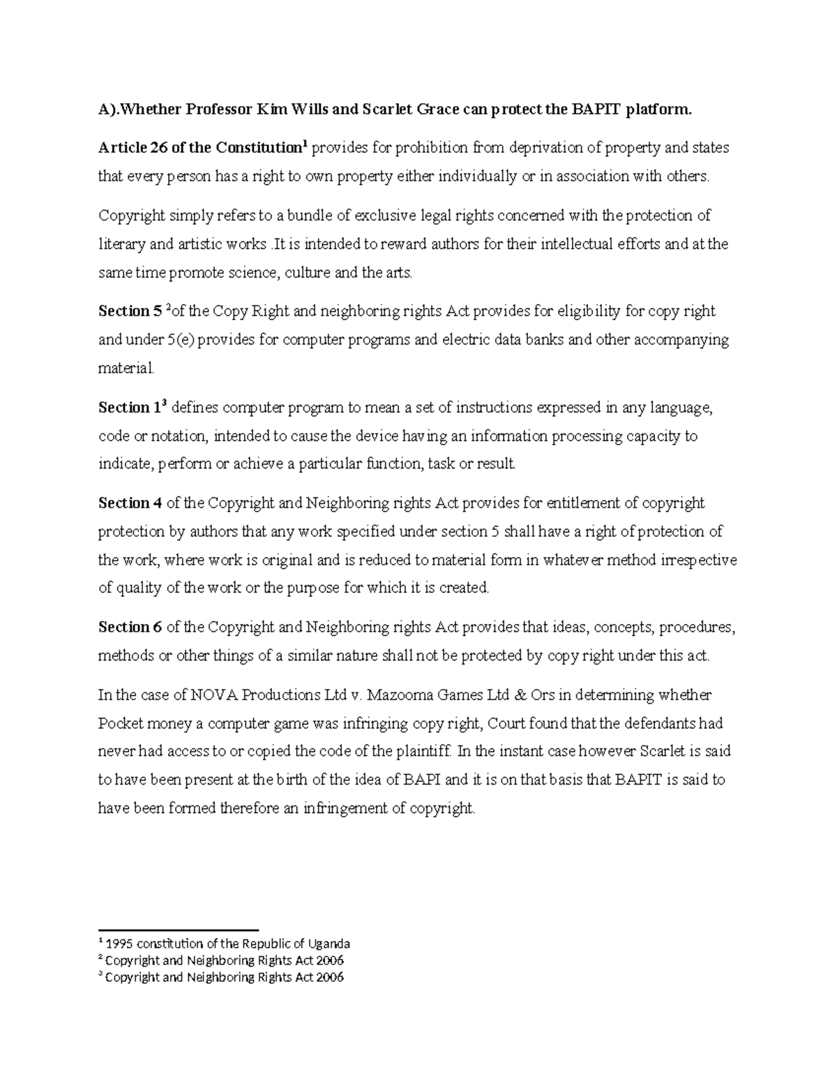 Mozes IP Final - Intellectual property - A).Whether Professor Kim Wills ...