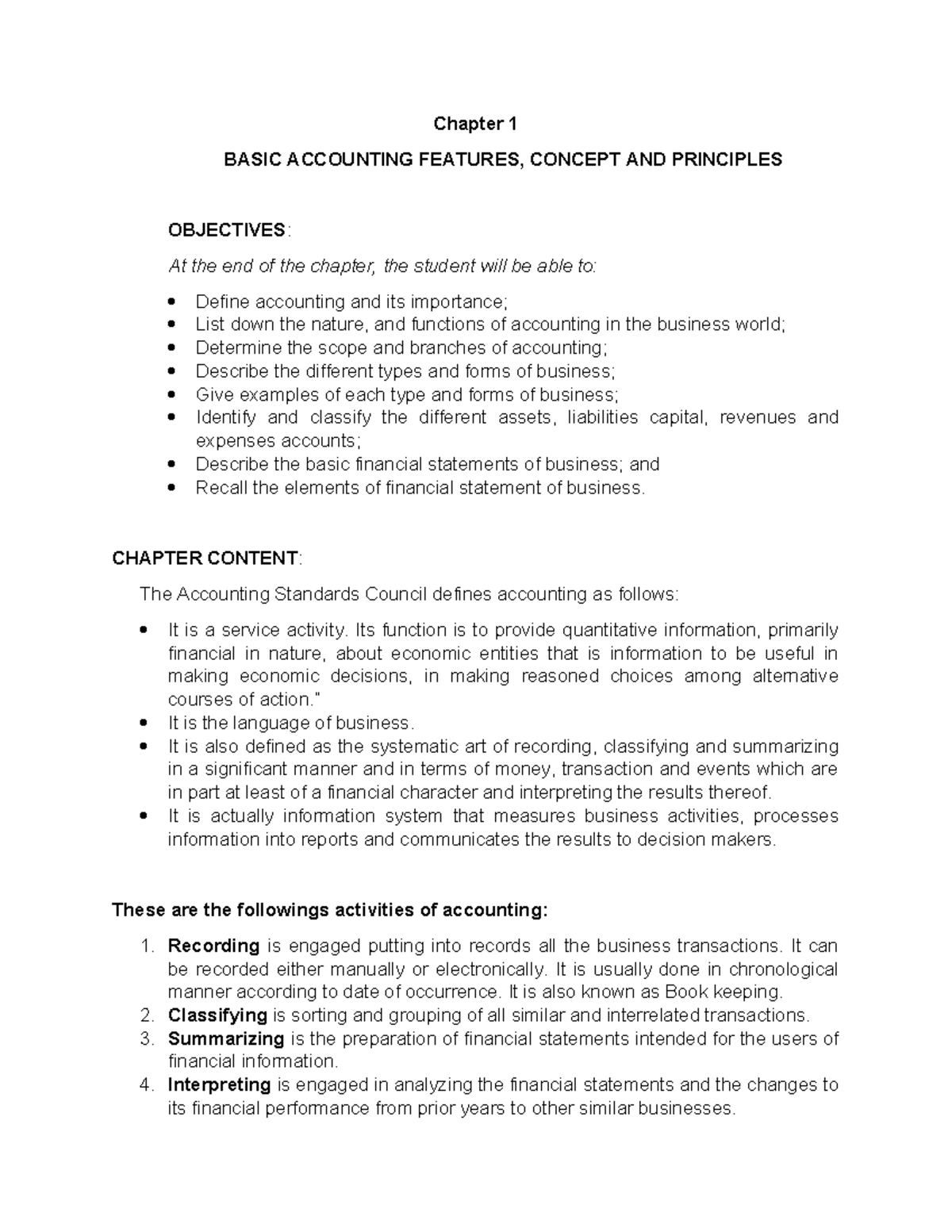 Chapter 1 Basic Accounting Features Concept AND Principles - Chapter 1 ...