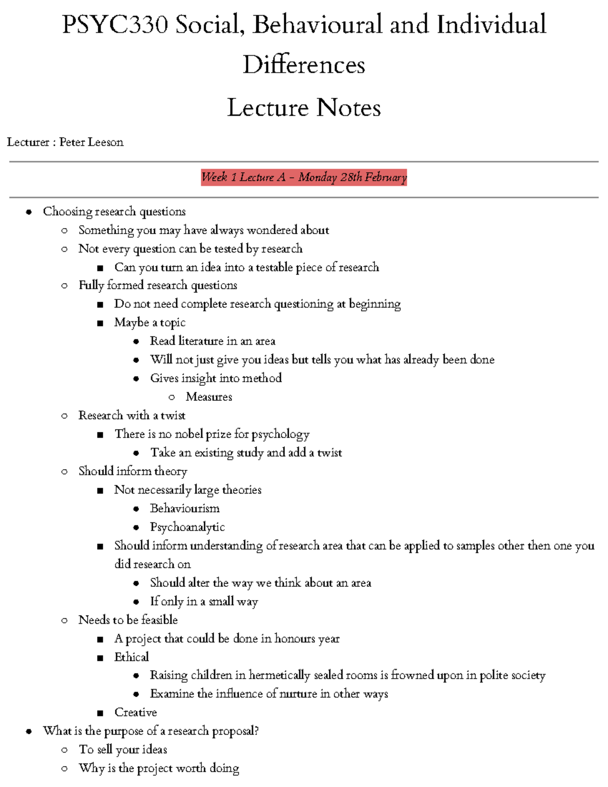 PSYC330 Lecture - PSYC330 Social, Behavioural and Individual Diûerences ...