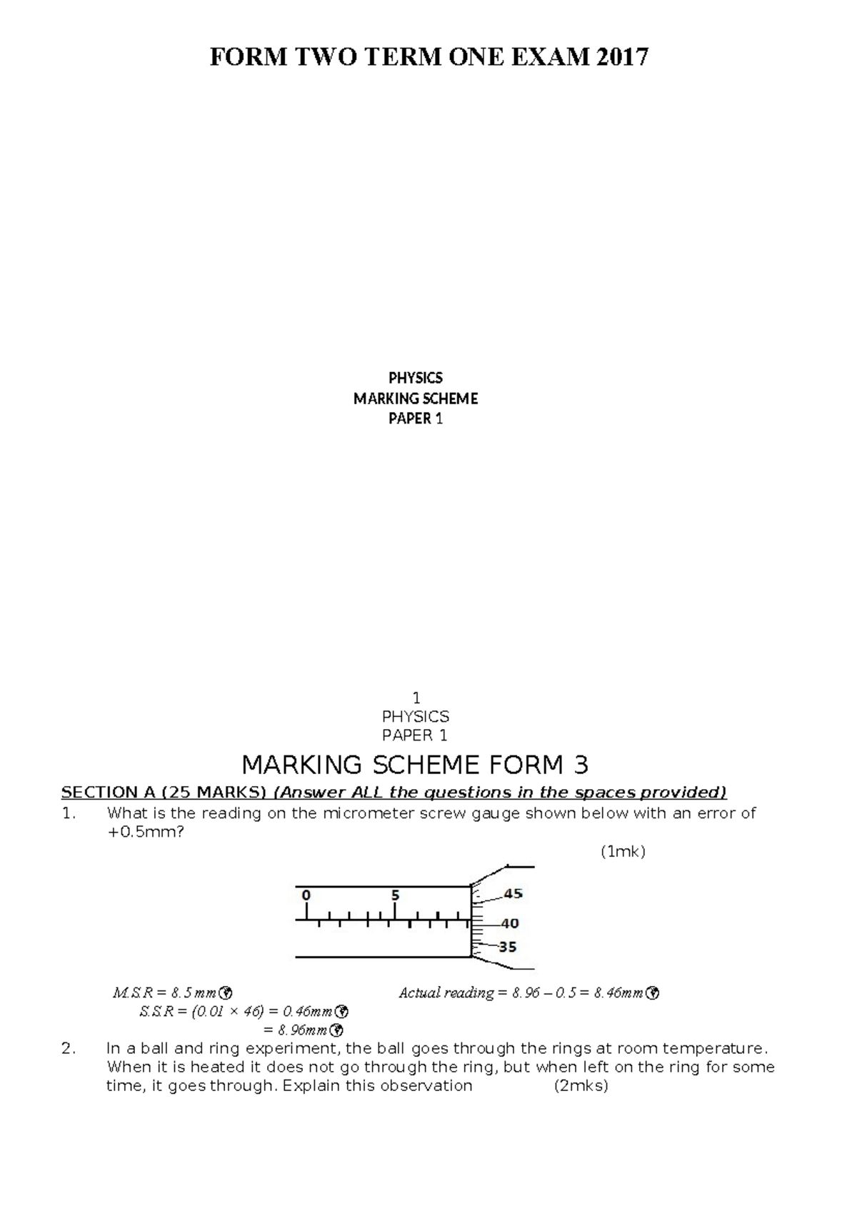 Physics paper 1 marking scheme form 3 term 1 exam 2017 - FORM TWO TERM ONE EXAM 2017 PHYSICS ...