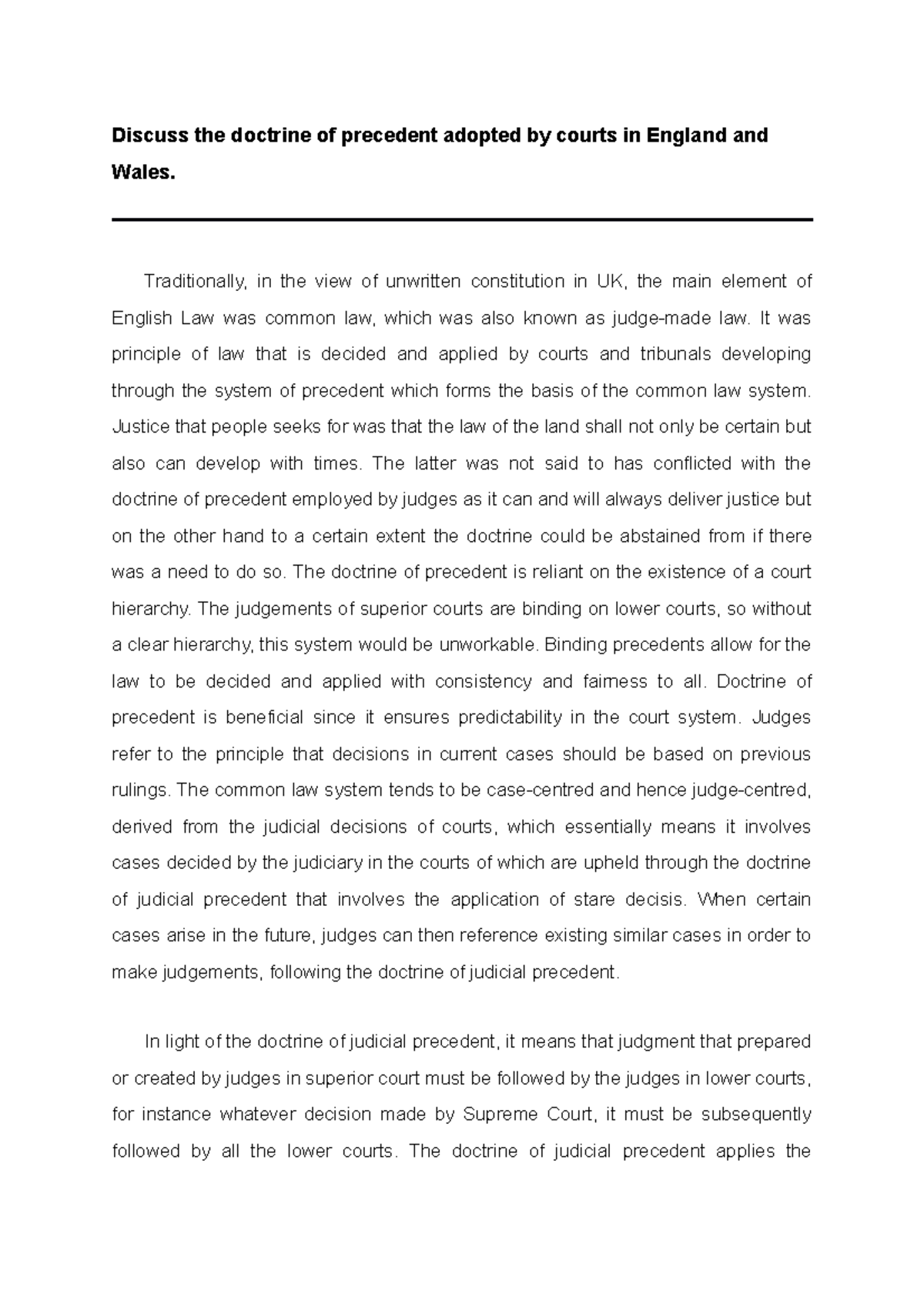 ELS Essays Grade A discussing precedent - Discuss the doctrine of ...
