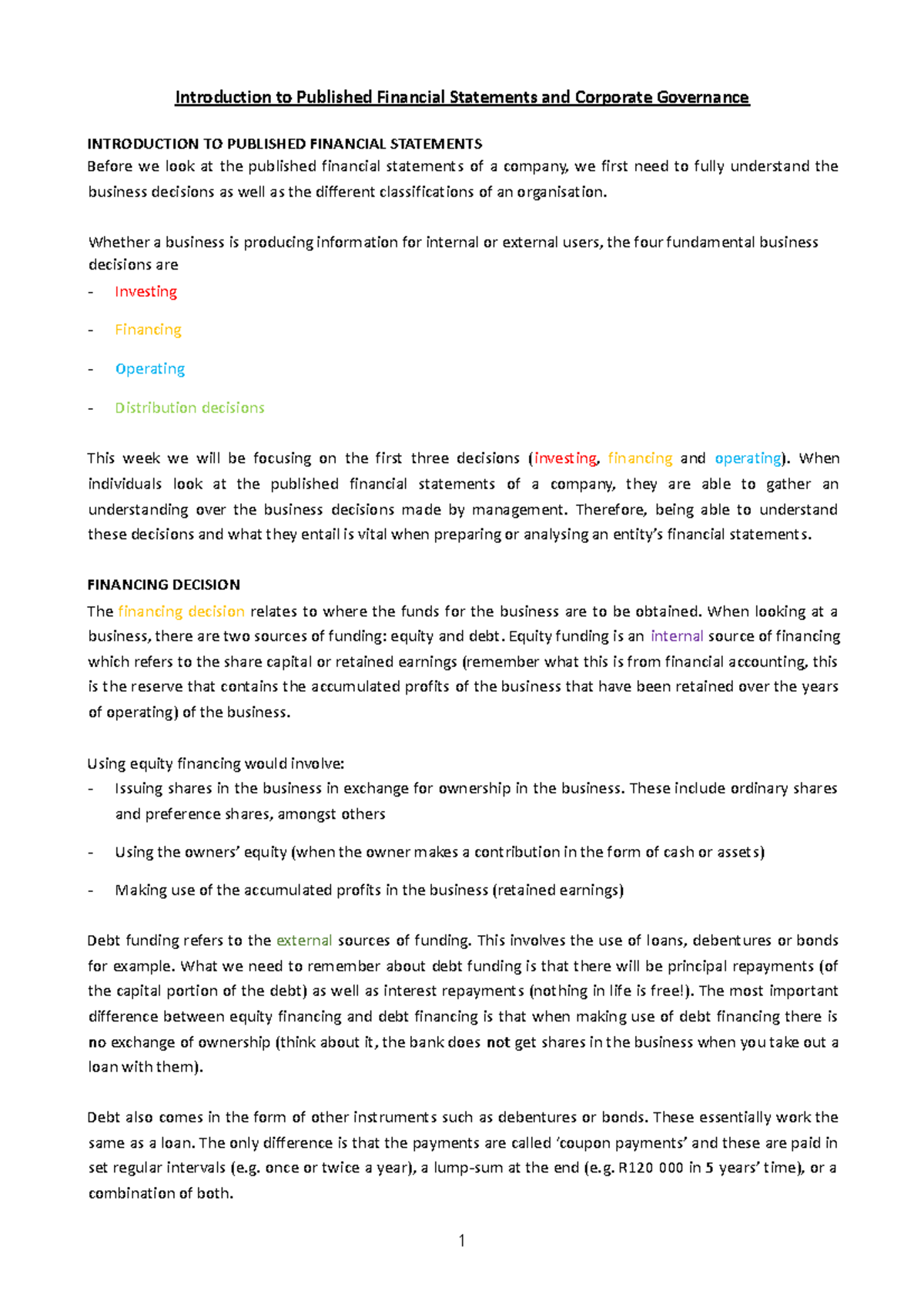 Introduction to Published Financial Statements and Corporate Goverance ...
