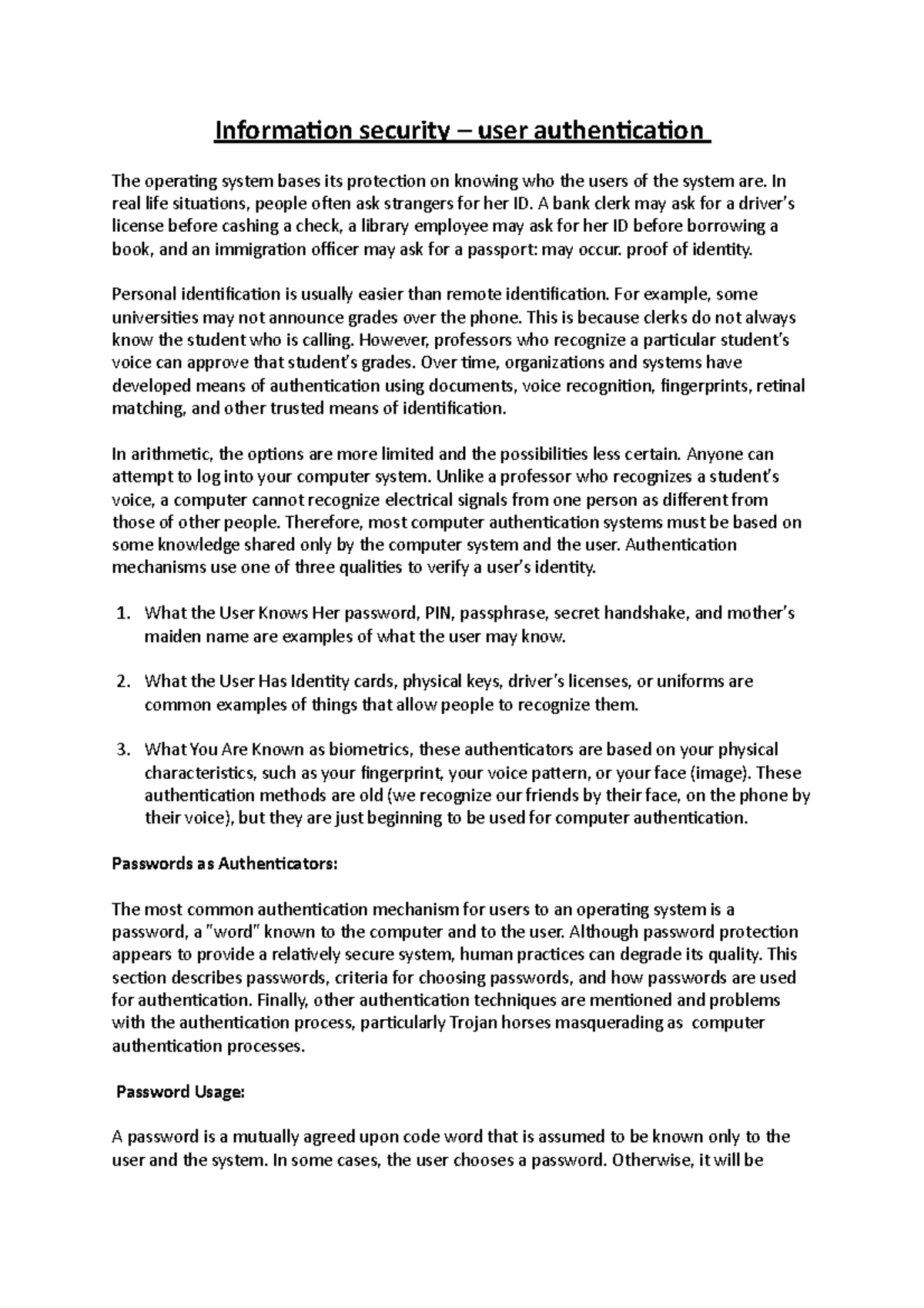 Information security – user authentication - Information security – user authentication The ...