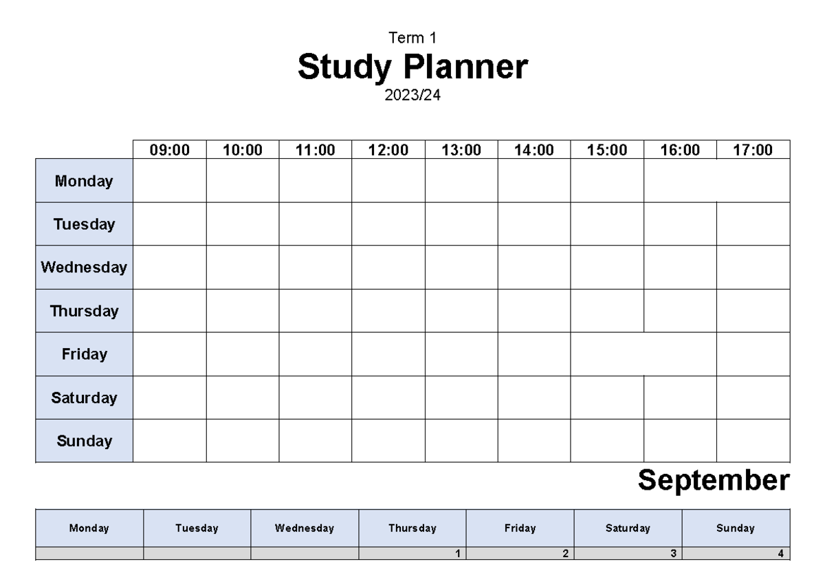 Study Planner - Term 1 Study Planner 2023/ 09:00 10:00 11:00 12:00 13: ...