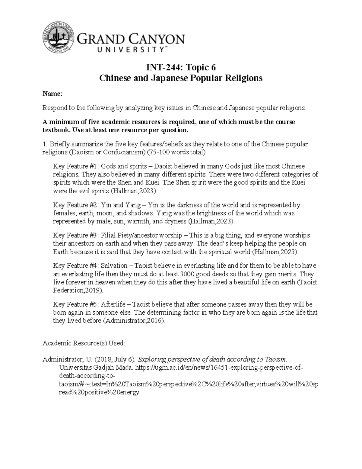 Chinese-Japanese Religions Worksheet copy - INT-244: Topic 6 Chinese ...