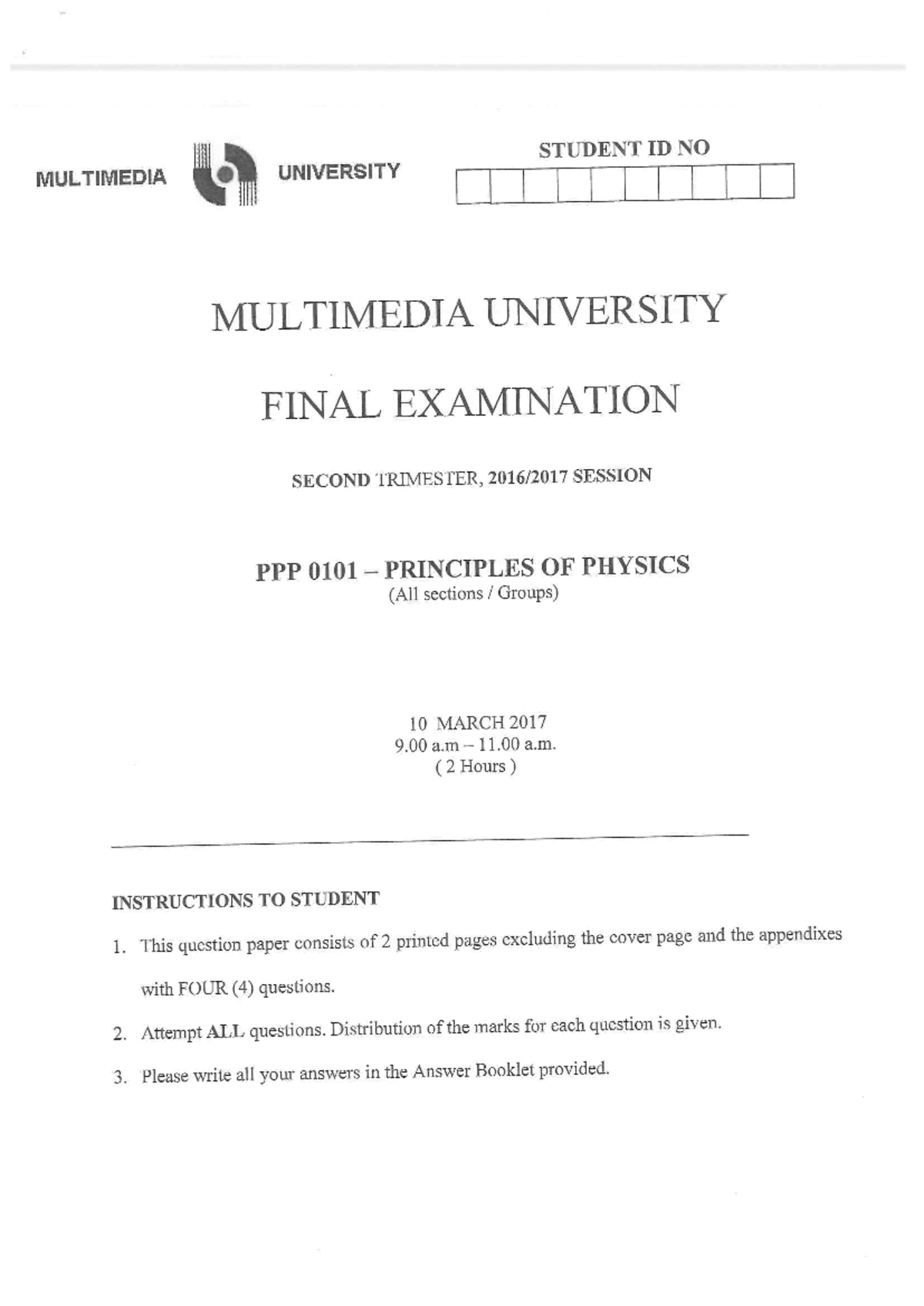 Past Year Paper PPP 2016 - Principles of Physics - Studocu