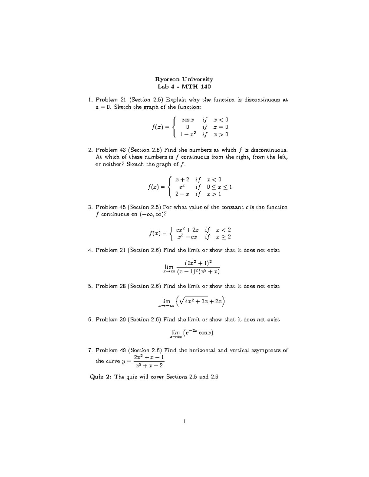 Calculus I - Assignments - MTH - 140 - Lab4 - Ryerson University Lab 4 ...