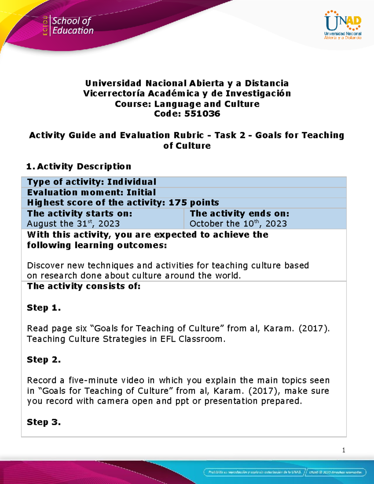Activity Guide and Evaluation Rubric - Task 2 - Goals for teaching of ...