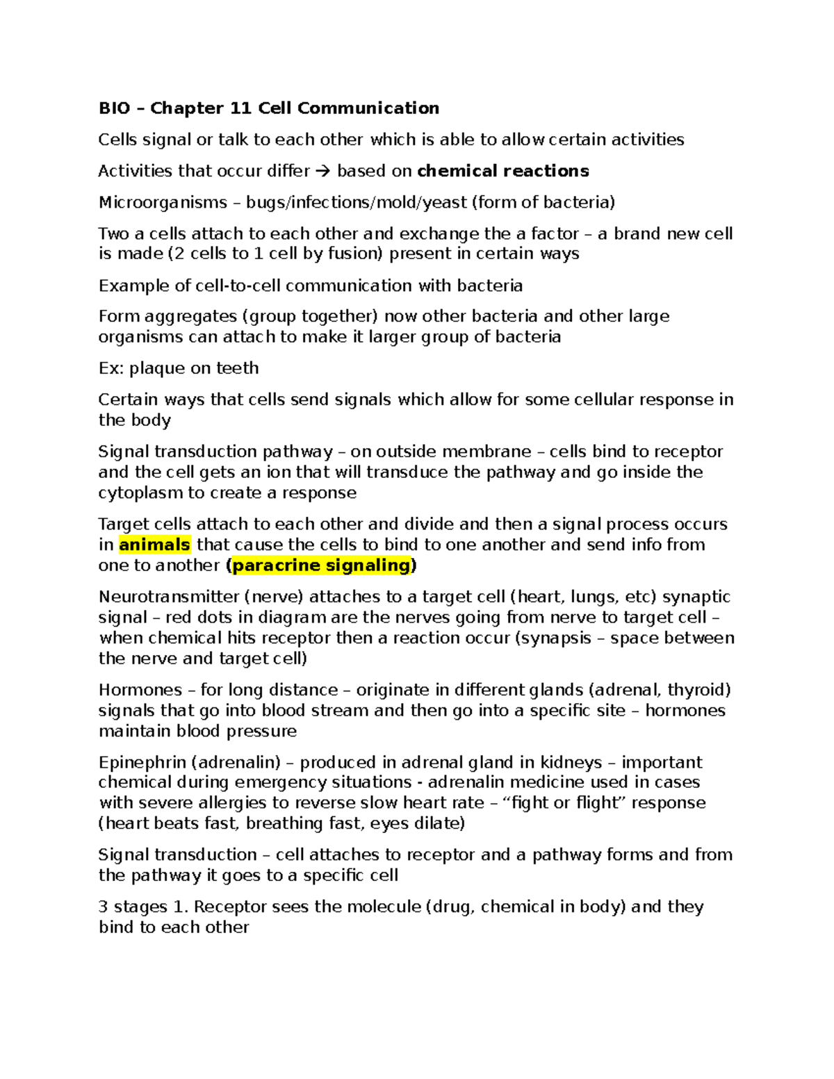 BIO Notes CH 11 - BIO – Chapter 11 Cell Communication Cells signal or ...