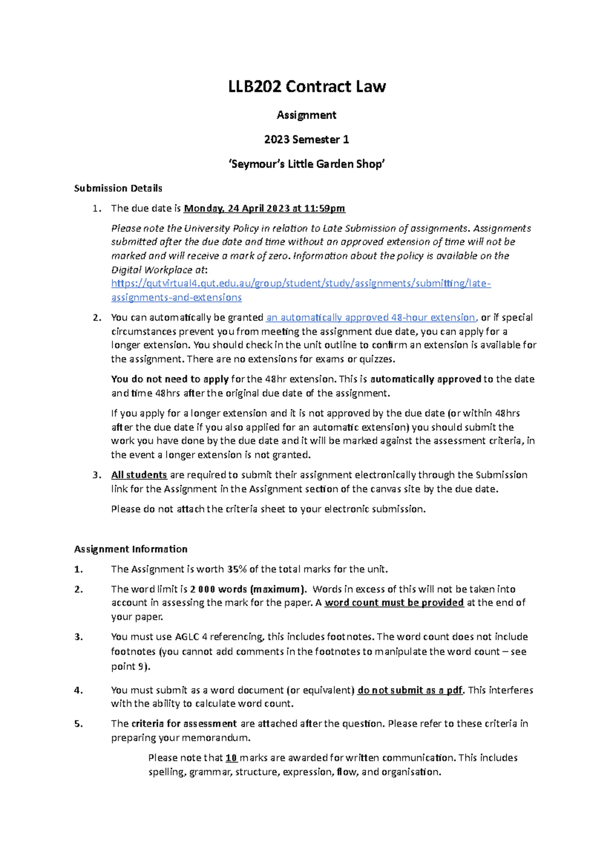 Question LLB202 Contract Law Assessment 2 Contract Interpretation ...