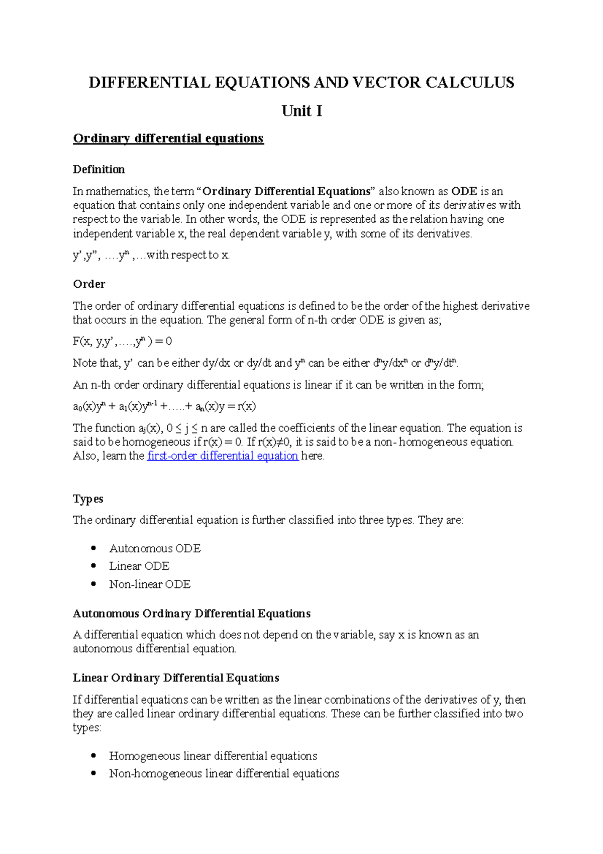 Mth 166 unit 1 - Lecture notes 1 - Differential Equations and Vector ...