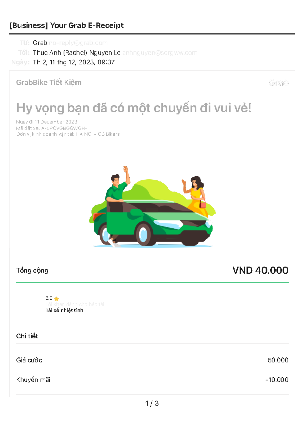 E-Invoice Grab 11 - Từ: Tới: Ngày: [Business] Your Grab E-Receipt Grab ...