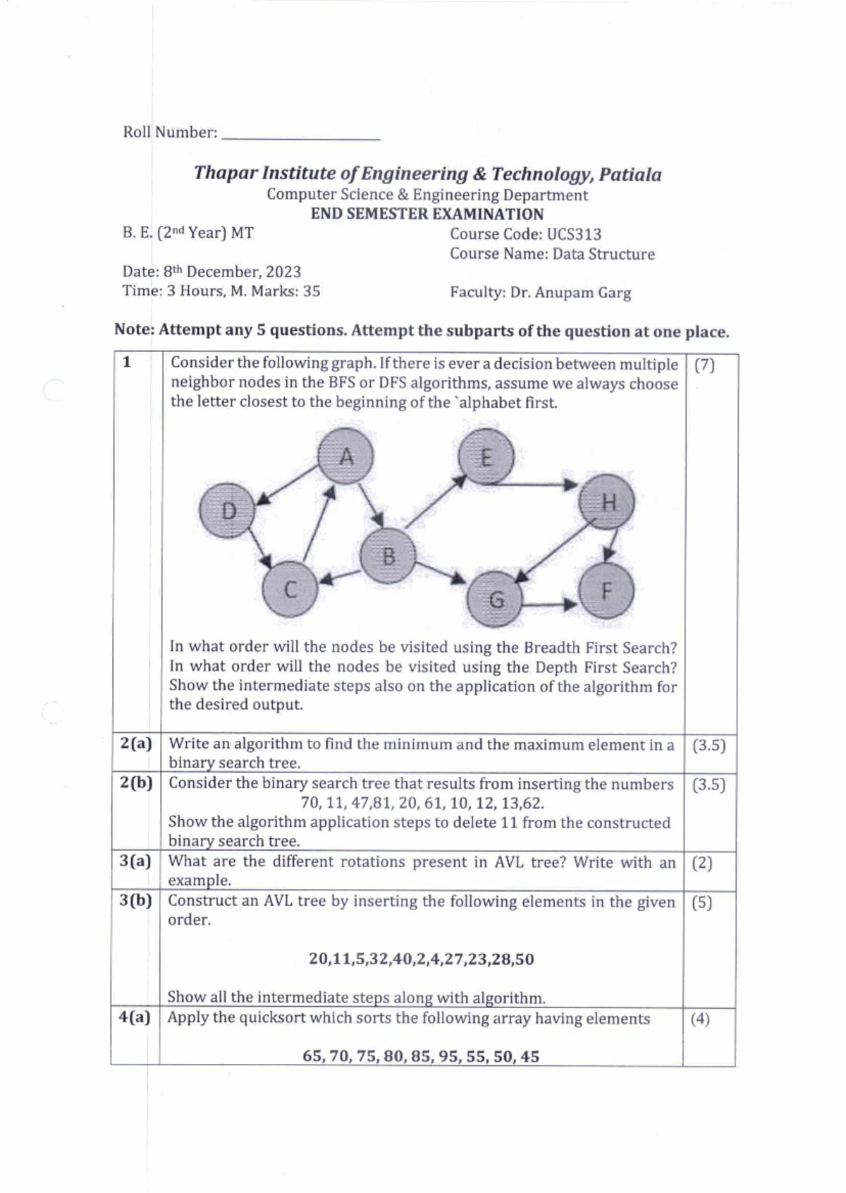 UCS313 - fdf - Roll Number: Thapar Institute of Engineering & Technology, Patiala Computer - Studocu