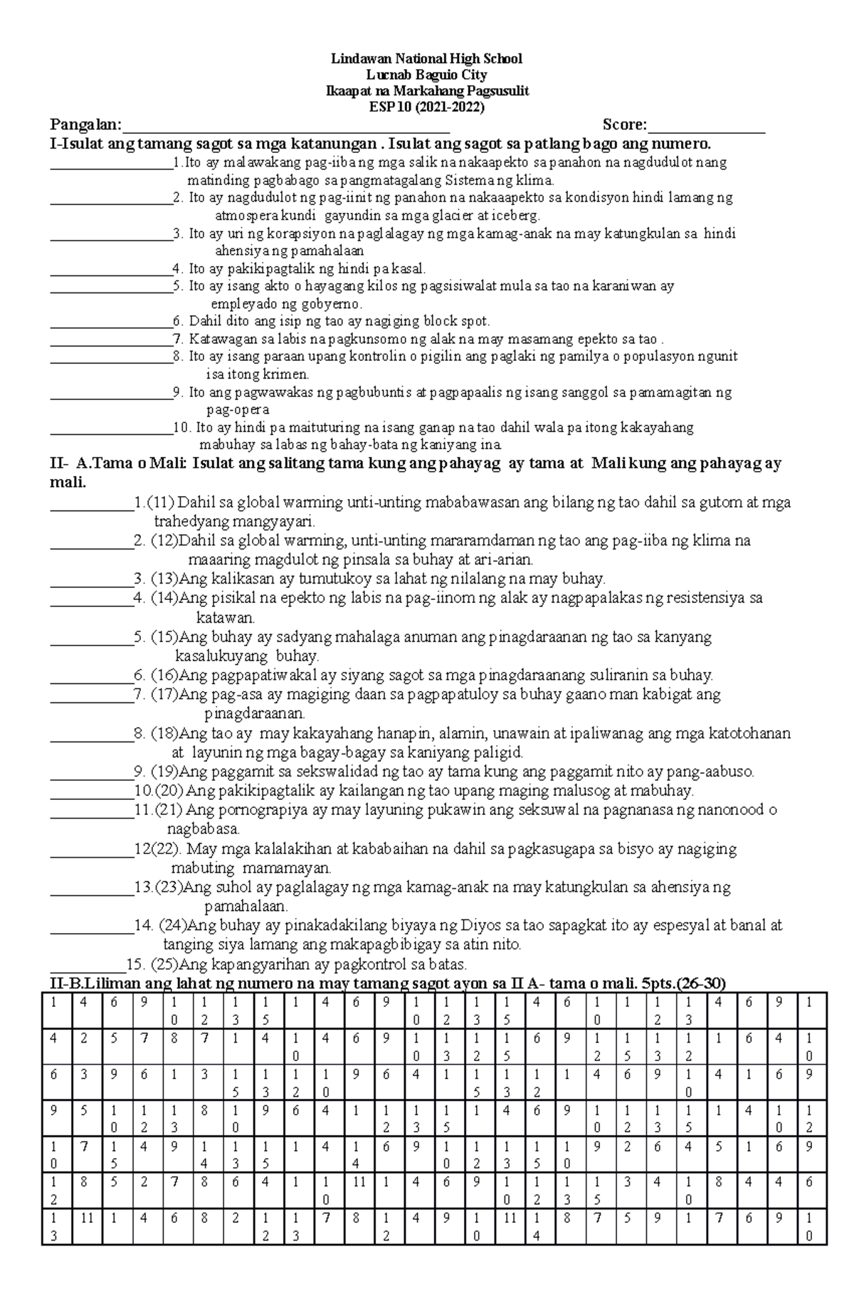 2018-esp 4th exam - examination - Lindawan National High School Lucnab ...