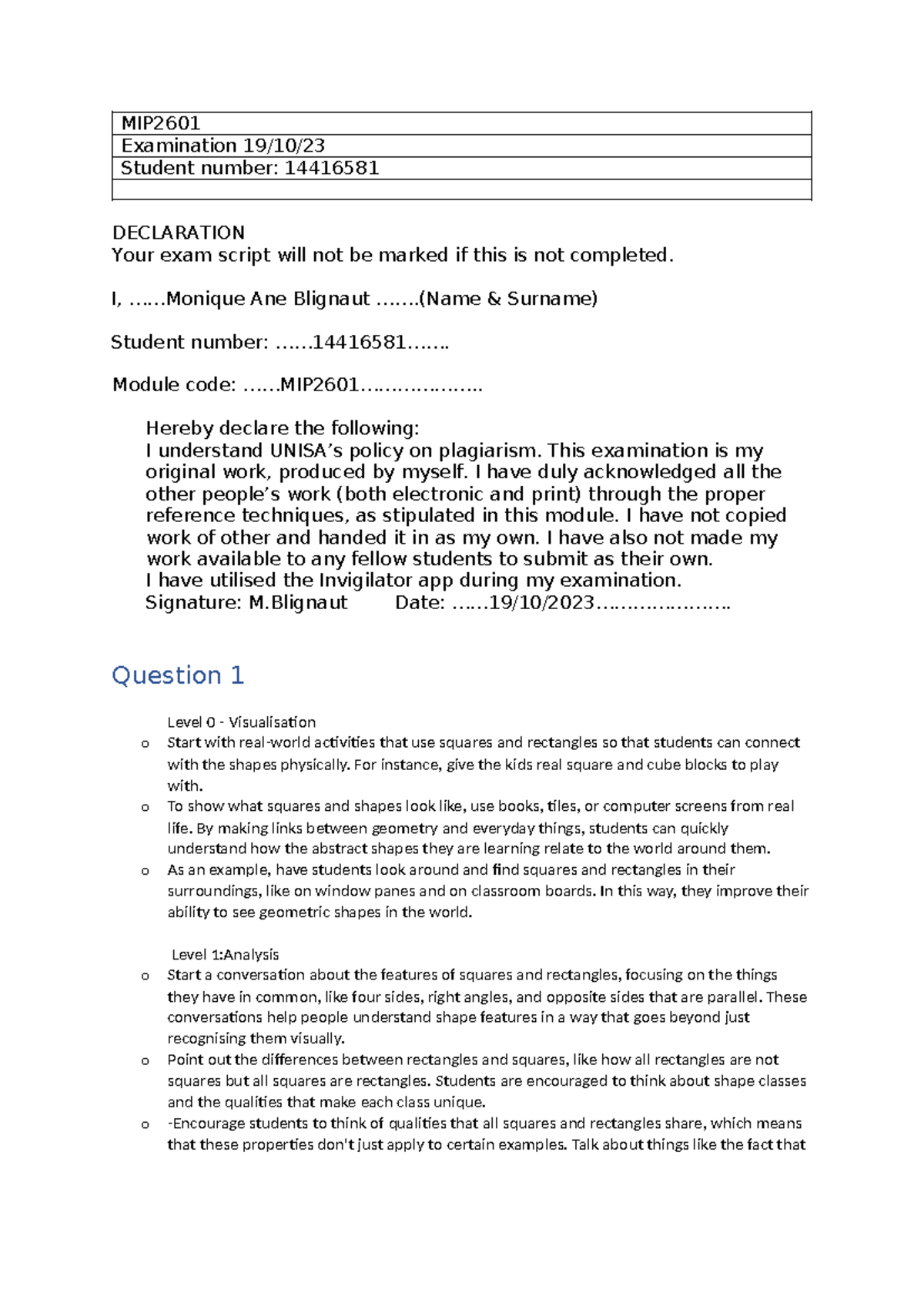 14416581 MIP2601 EXAM - Exam - MIP Examination 19/10/ Student number ...