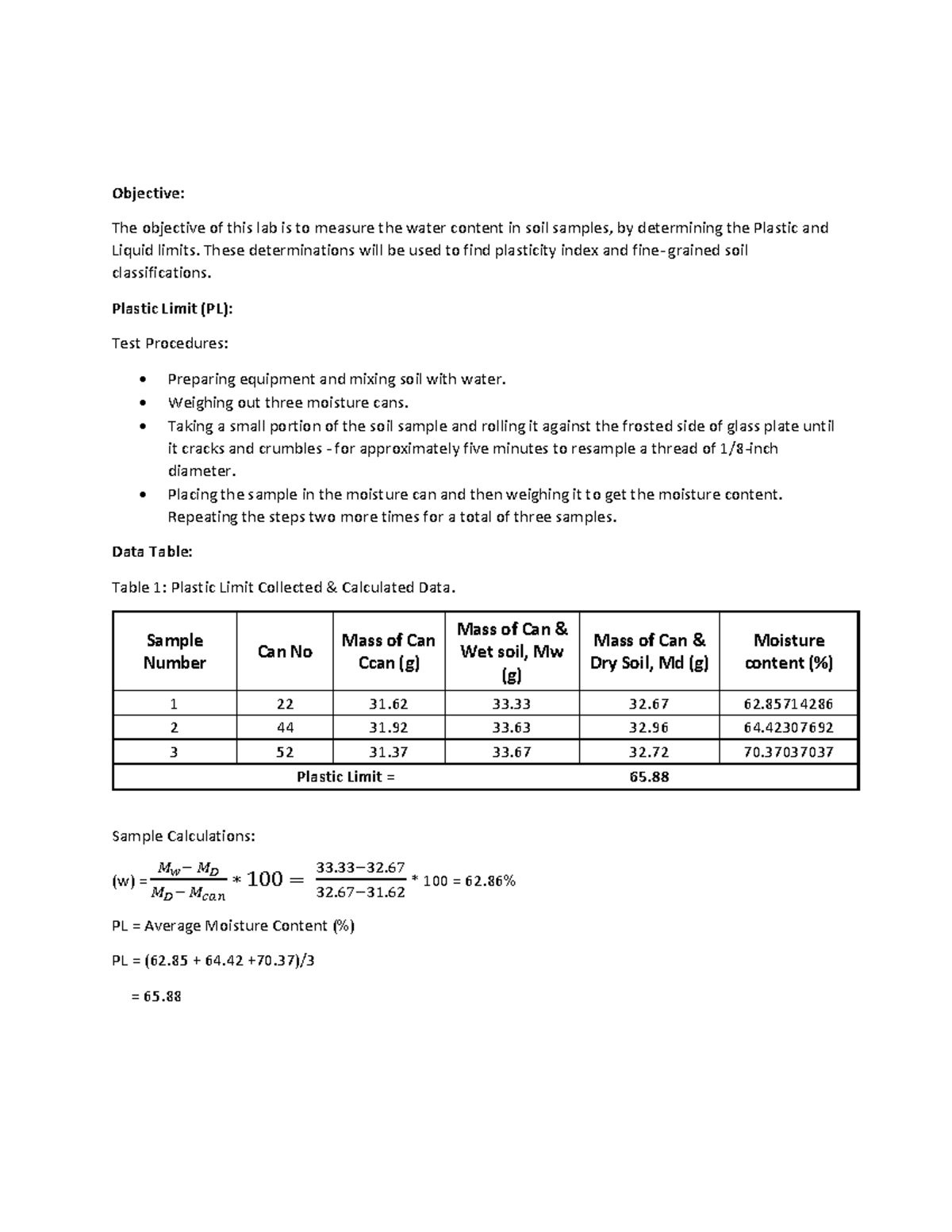Atterberg Limits report - Objective: The objective of this lab is to ...