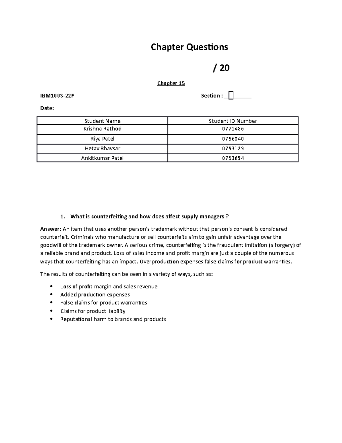 Chapter 15 Questions 1003 - Chapter Questions / 20 Chapter 15 IBM1003 ...