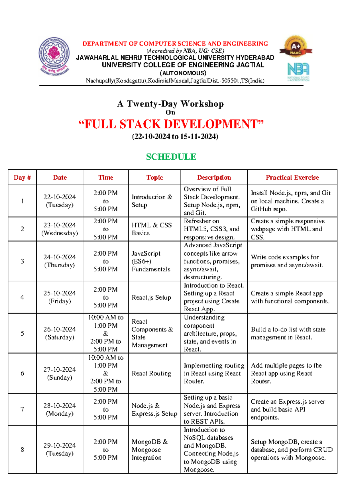 Workshop Schedule Full Stack Development - DEPARTMENT OF COMPUTER SCIENCE AND ENGINEERING - Studocu