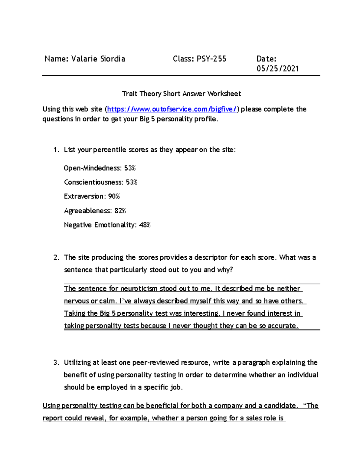 PSY 255 Trait Theory Short Answer Worksheet - Name: Valarie Siordia ...