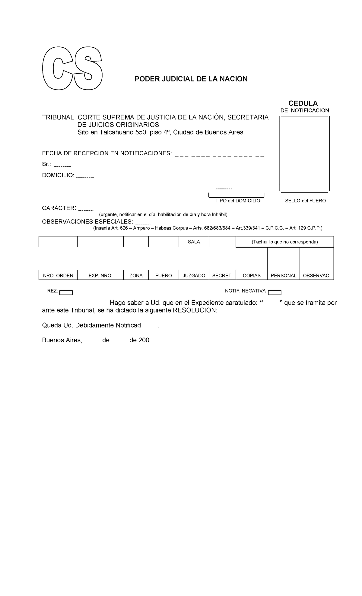 Cédula Corte Suprema - PODER JUDICIAL DE LA NACION CEDULA DE ...