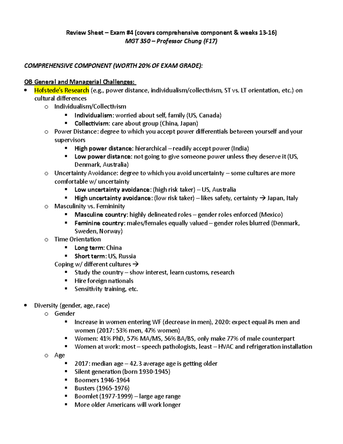 Review Guide for Exam 4 - Review Sheet Exam (covers comprehensive ...