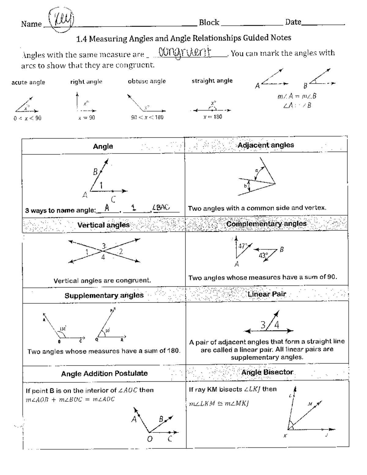1.4 Measuring Angles Notes KEY - Name Block Date 1 Measuring Angles and ...