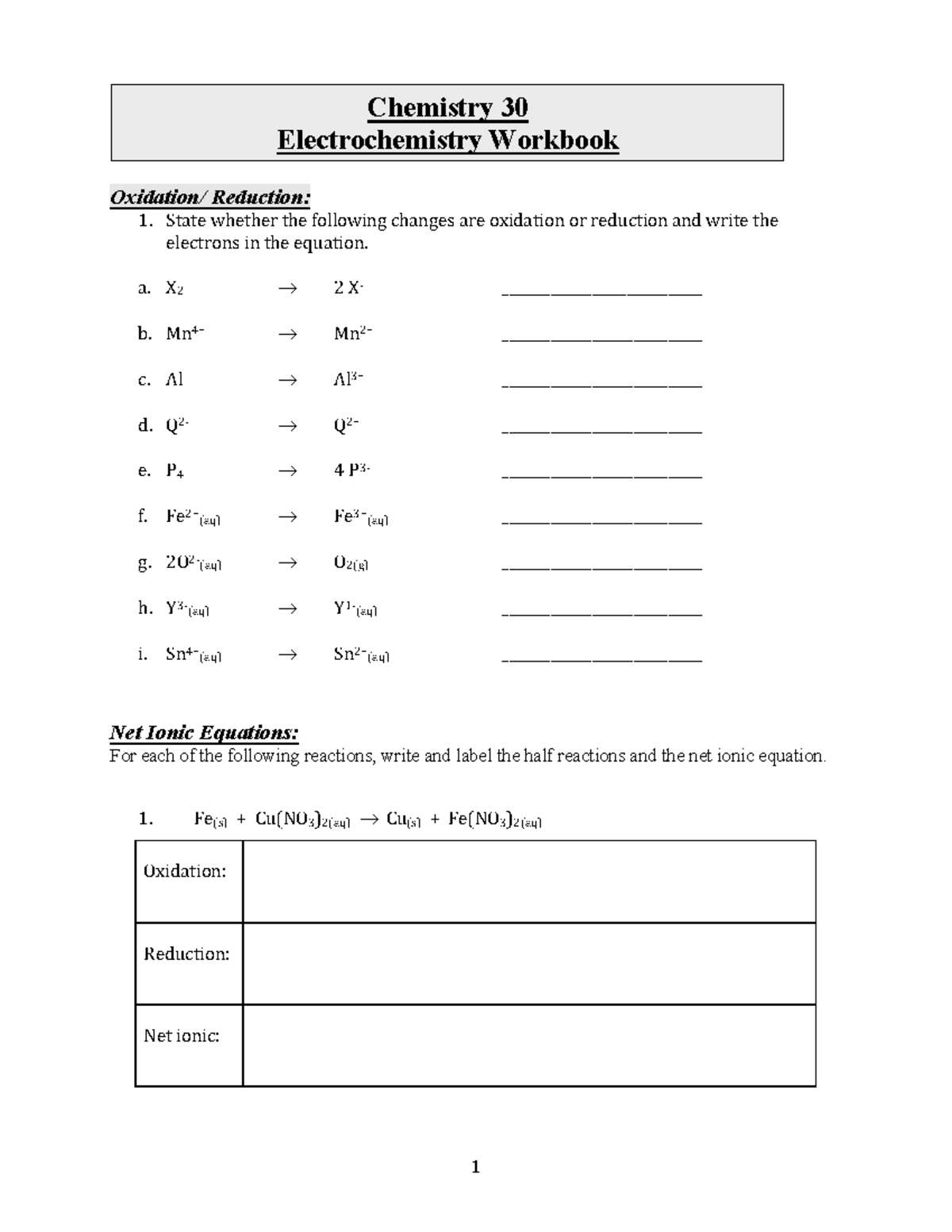 Electro Workbook - Oxidation/ Reduction: State whether the following ...