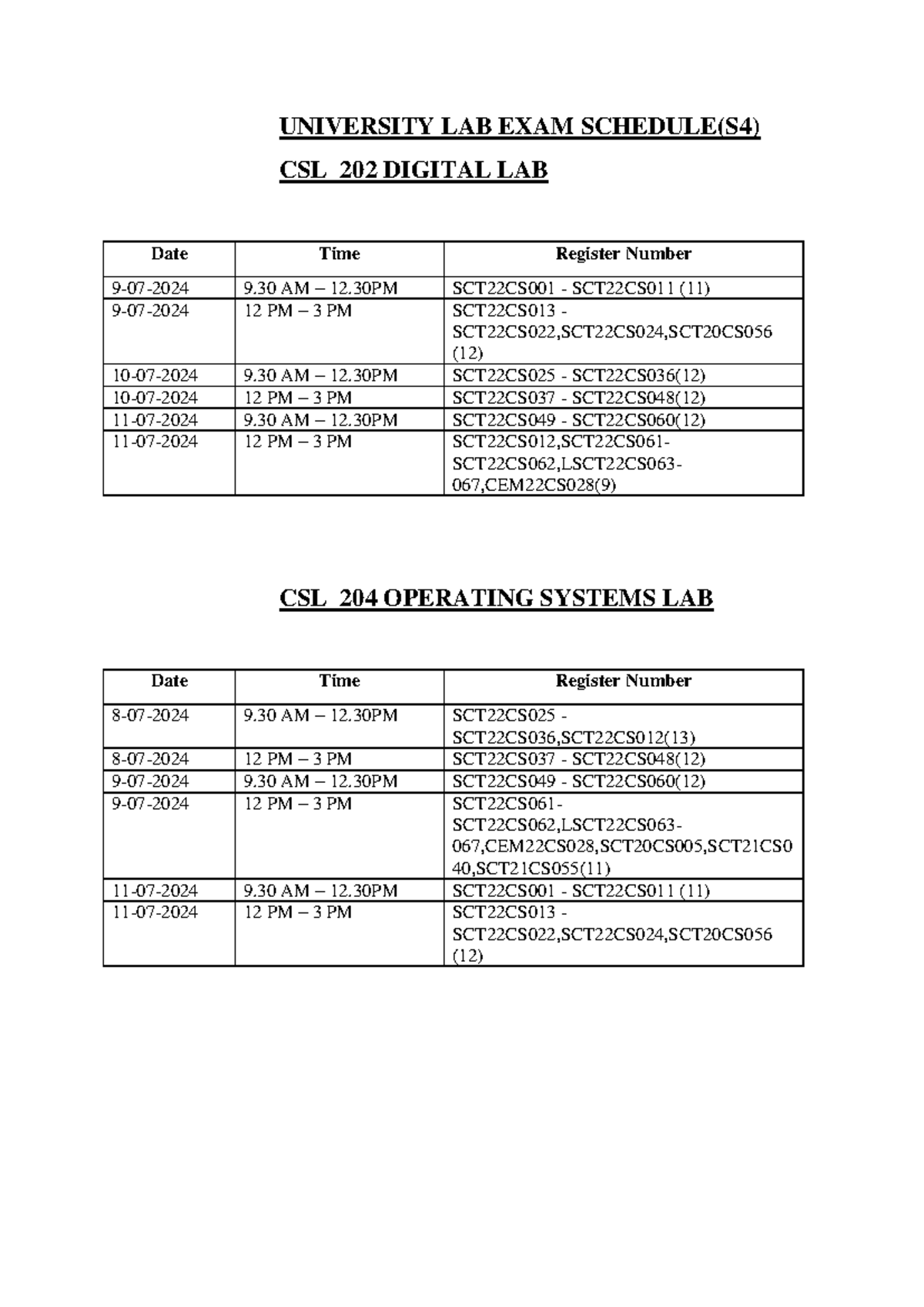 Univ Lab Exam Helper - UNIVERSITY LAB EXAM SCHEDULE(S4) CSL 202 DIGITAL ...
