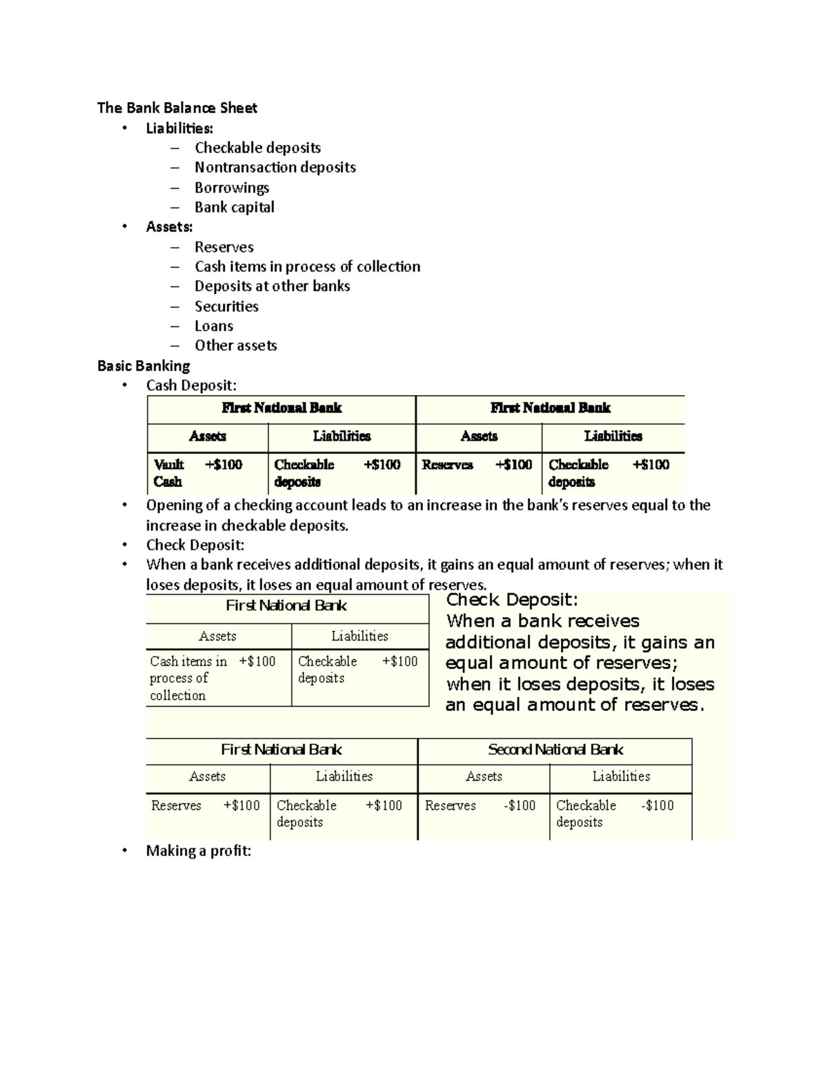 Chapter 9 Notes - The Bank Balance Sheet • Liabilities: – Checkable ...