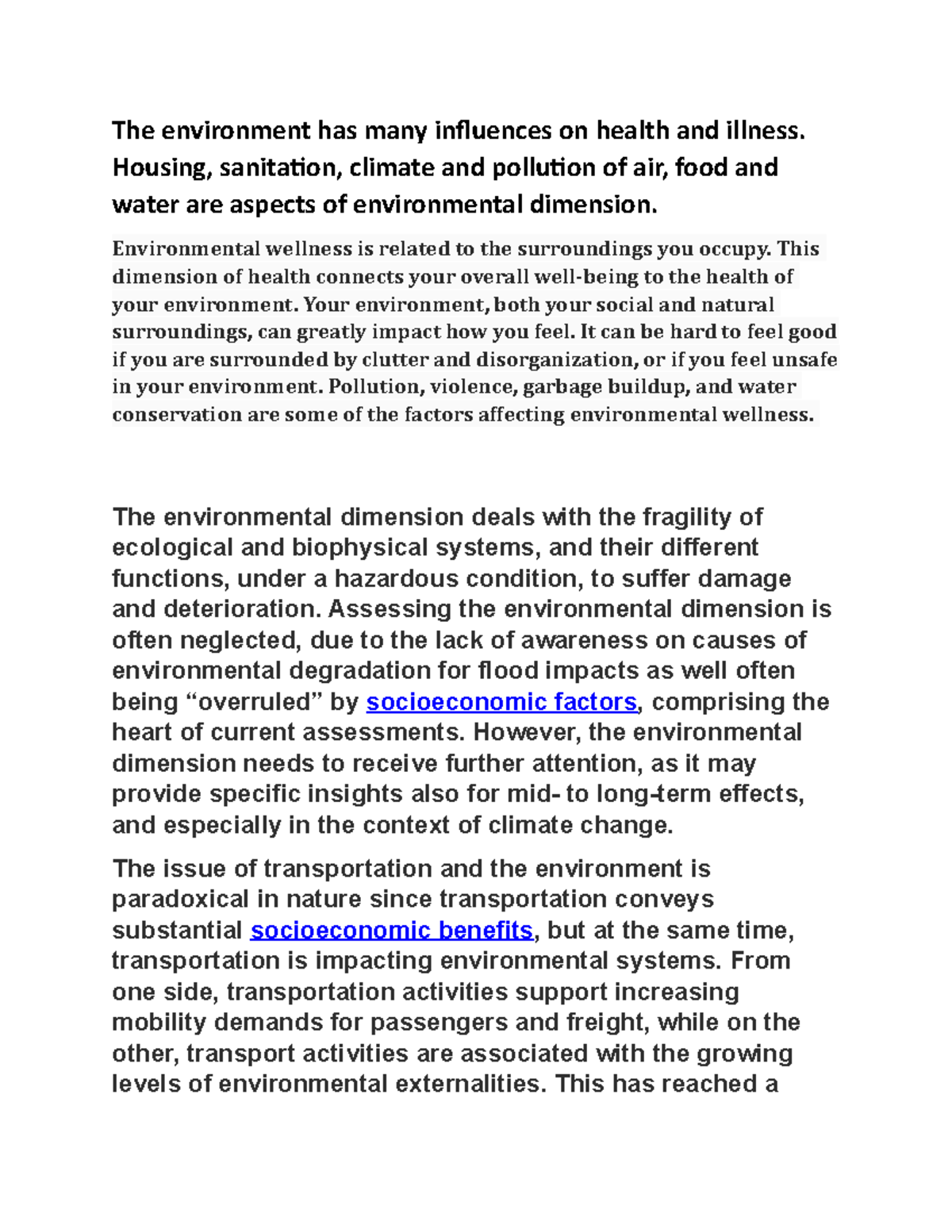 Environmental Dimension - The environment has many influences on health ...