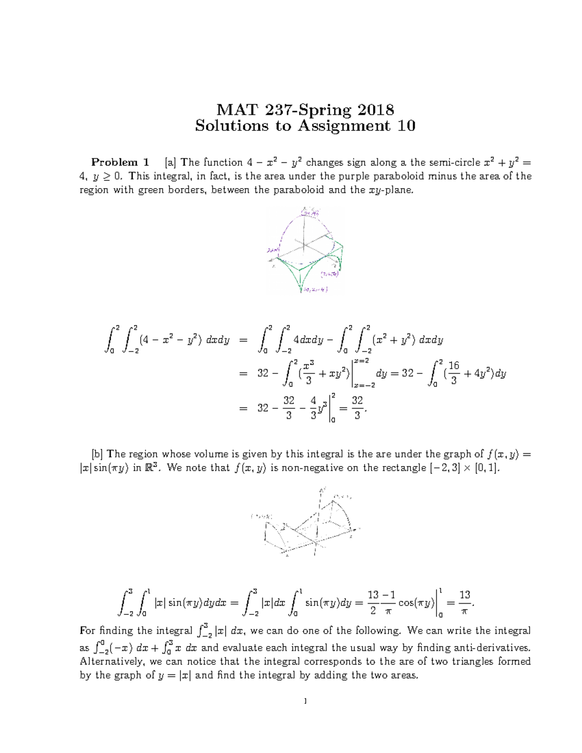 Math237-sol10 - Assignment Solution - MAT 237-Spring 2018 Solutions to Assignment 10 Problem 1 ...