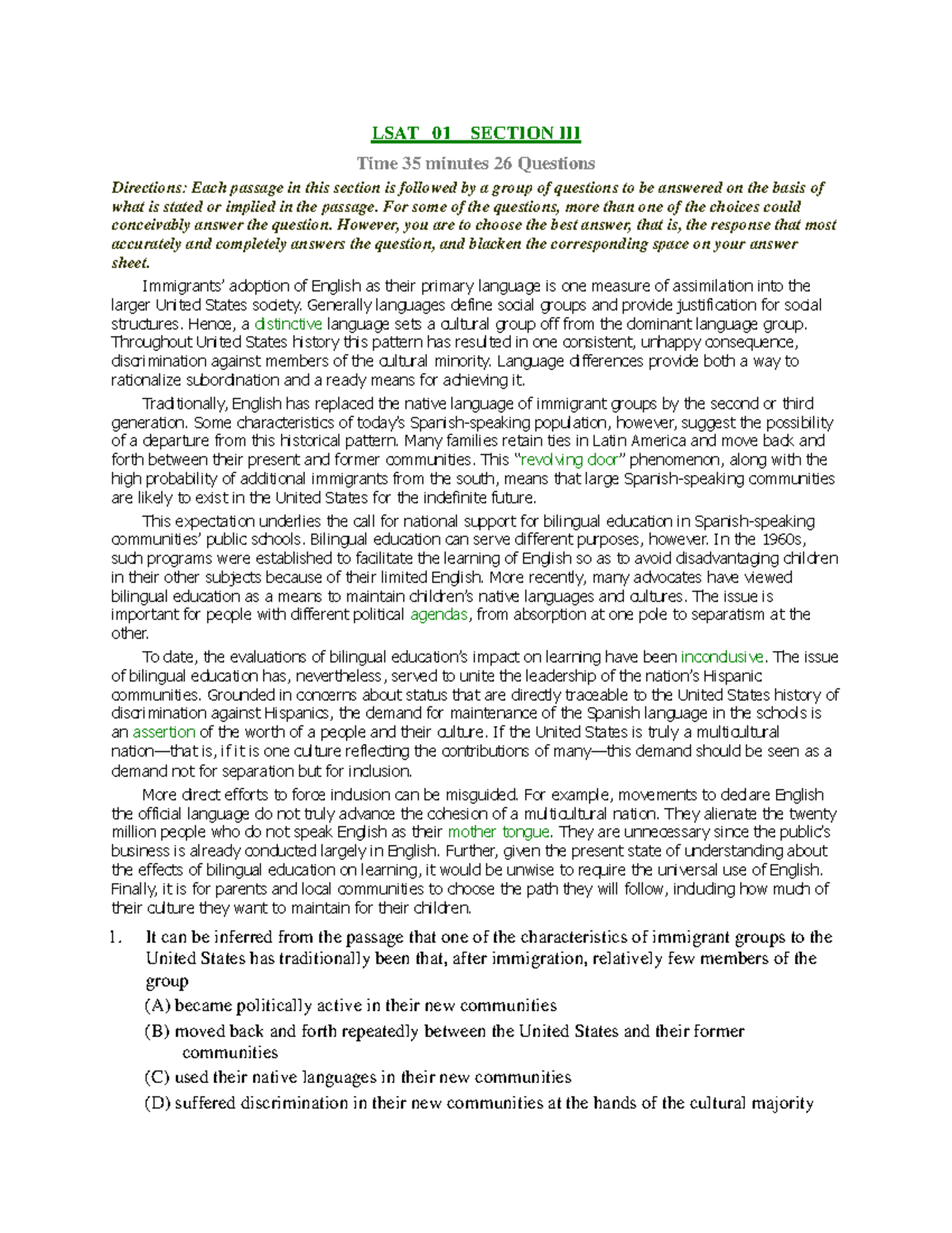 RC Passages management - LSAT 01 SECTION III Time 35 minutes 26 ...