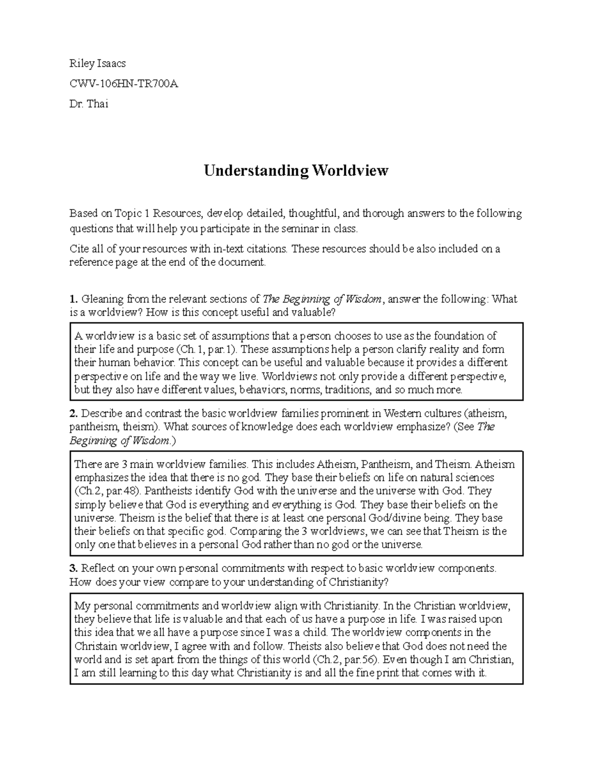 Isaacs, Riley Understanding Worldview - CWV-106HN-TR700A Dr. Thai ...