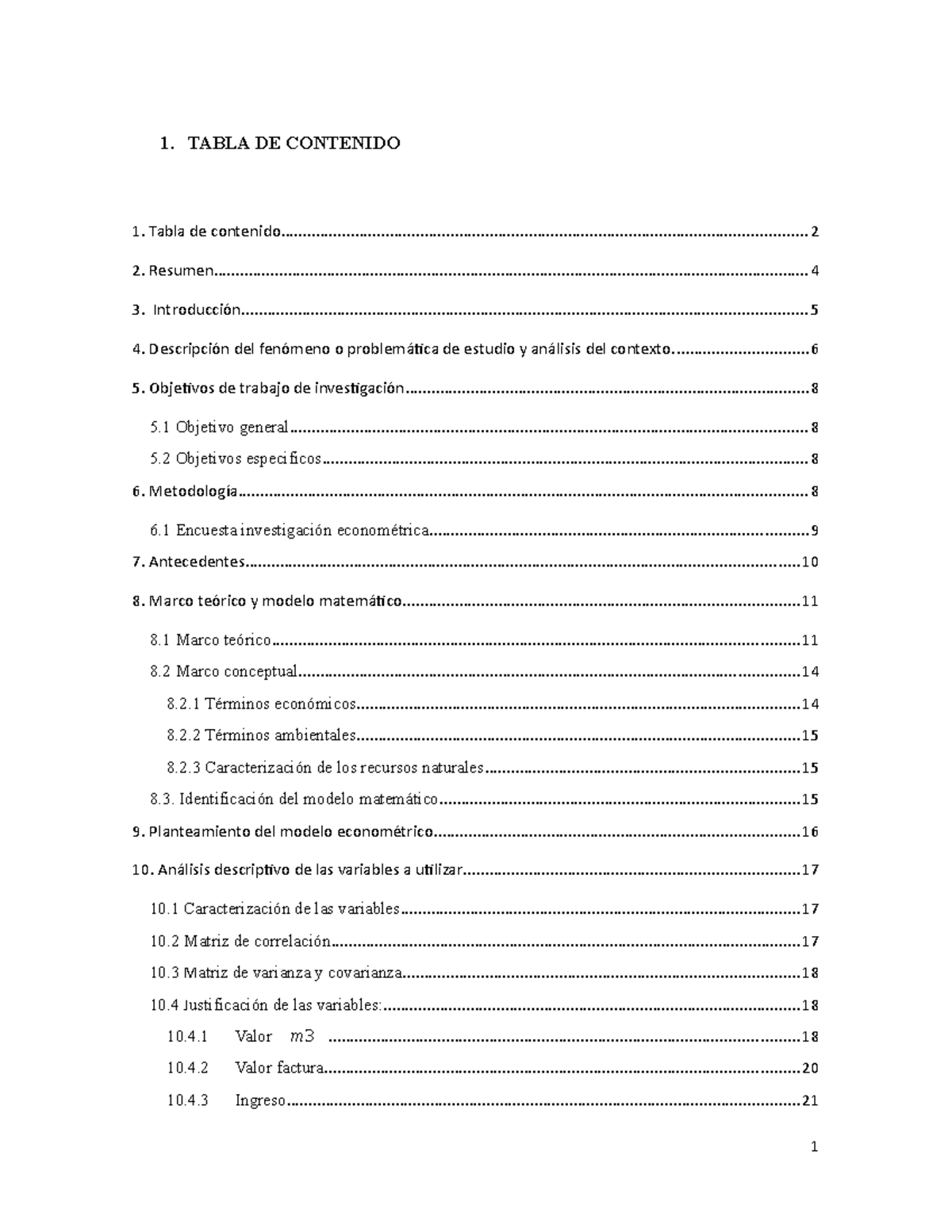 1er informe de investigación - Econometría - 1. TABLA DE CONTENIDO ...